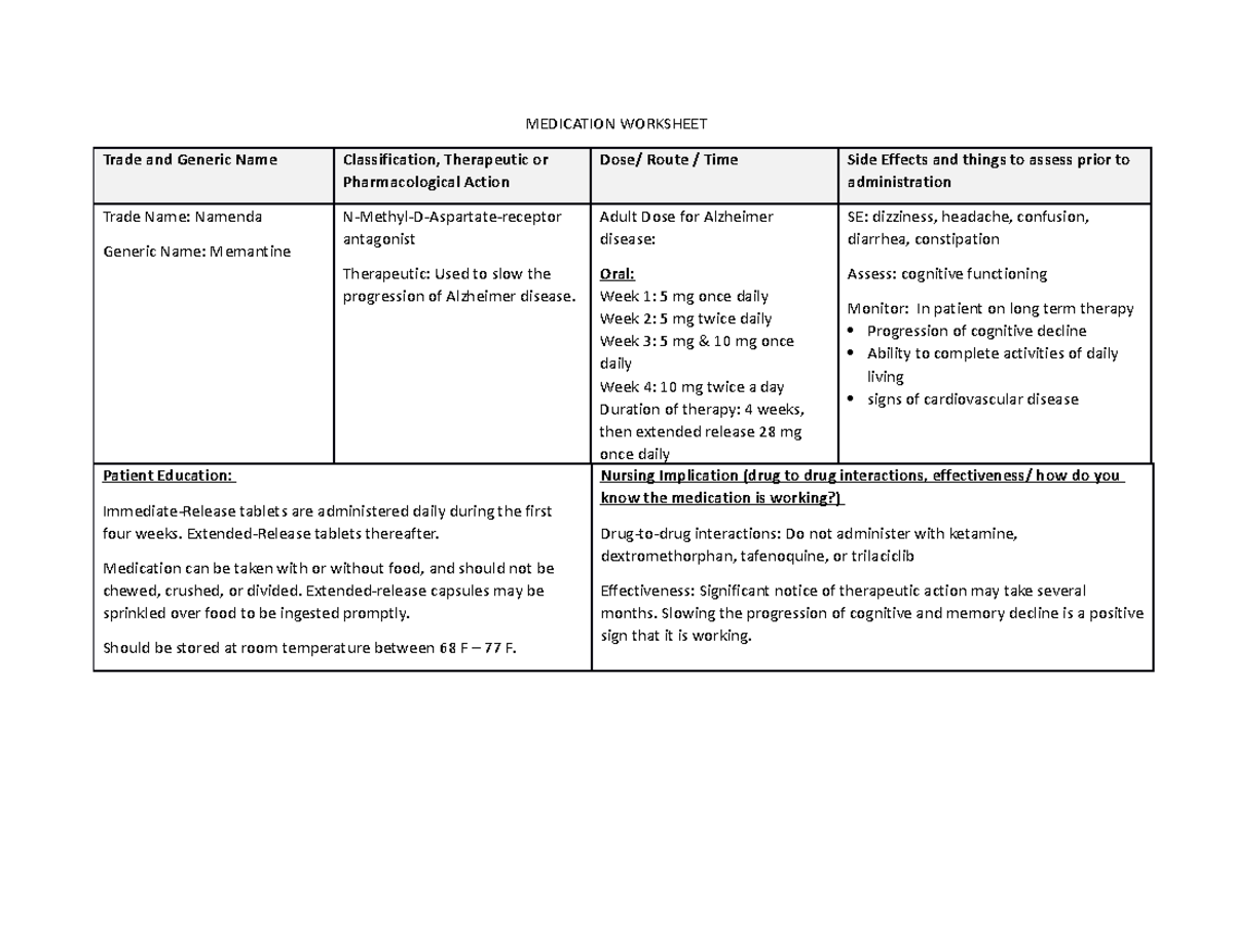 NURS 481 L Medication Worksheet Week 9 - MEDICATION WORKSHEET Trade and ...