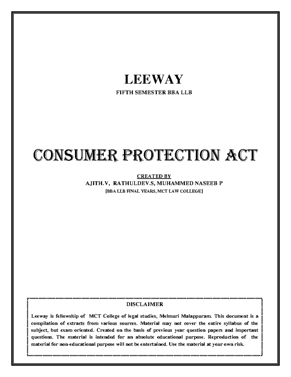 Consumer-1 - Consumer Law - LEEWAY FIFTH SEMESTER BBA LLB CONSUMER ...