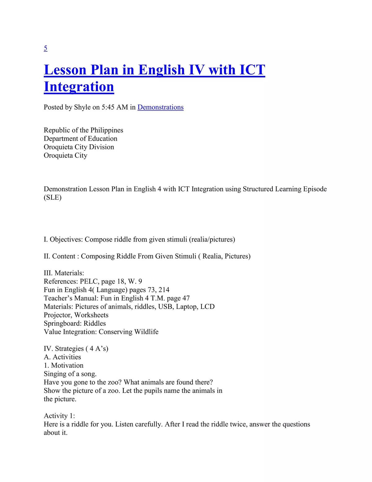 Sample lesson plan - Elementary Education - Studocu