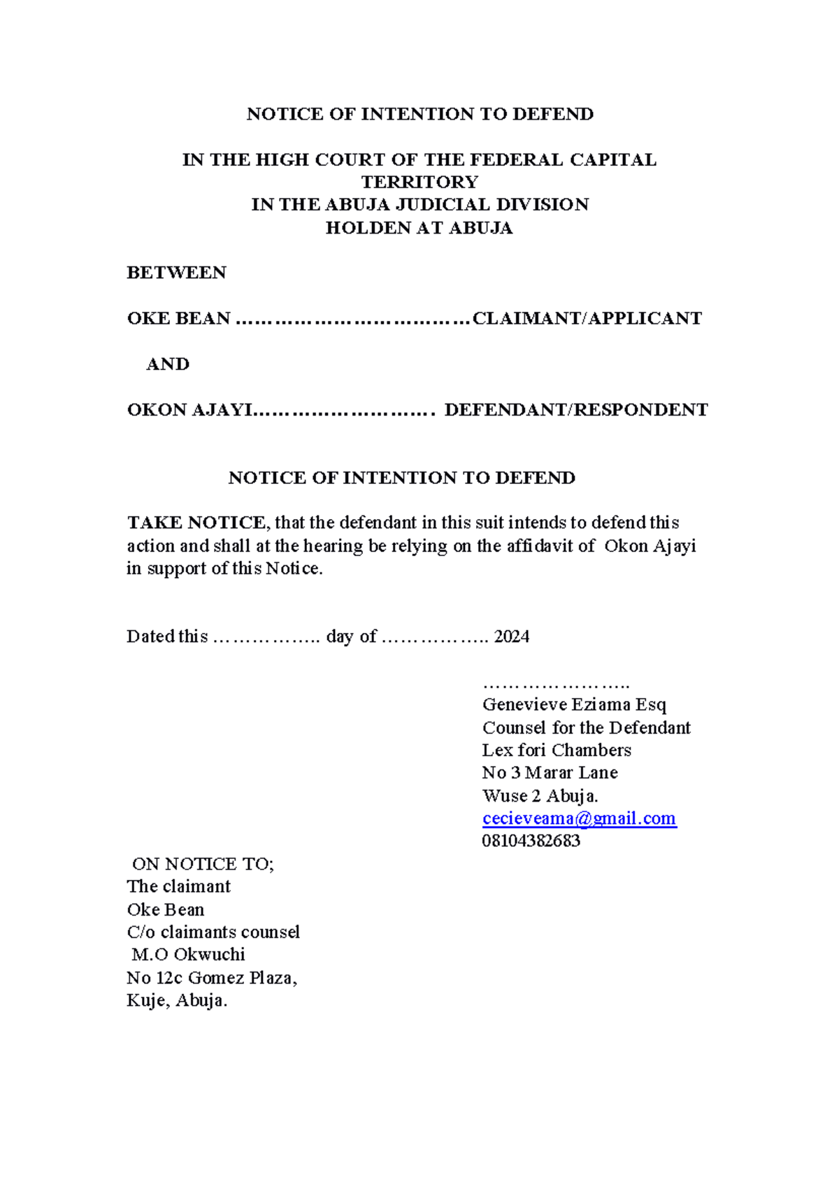 Common drafts in civil litigation in Nigeria - NOTICE OF INTENTION TO ...