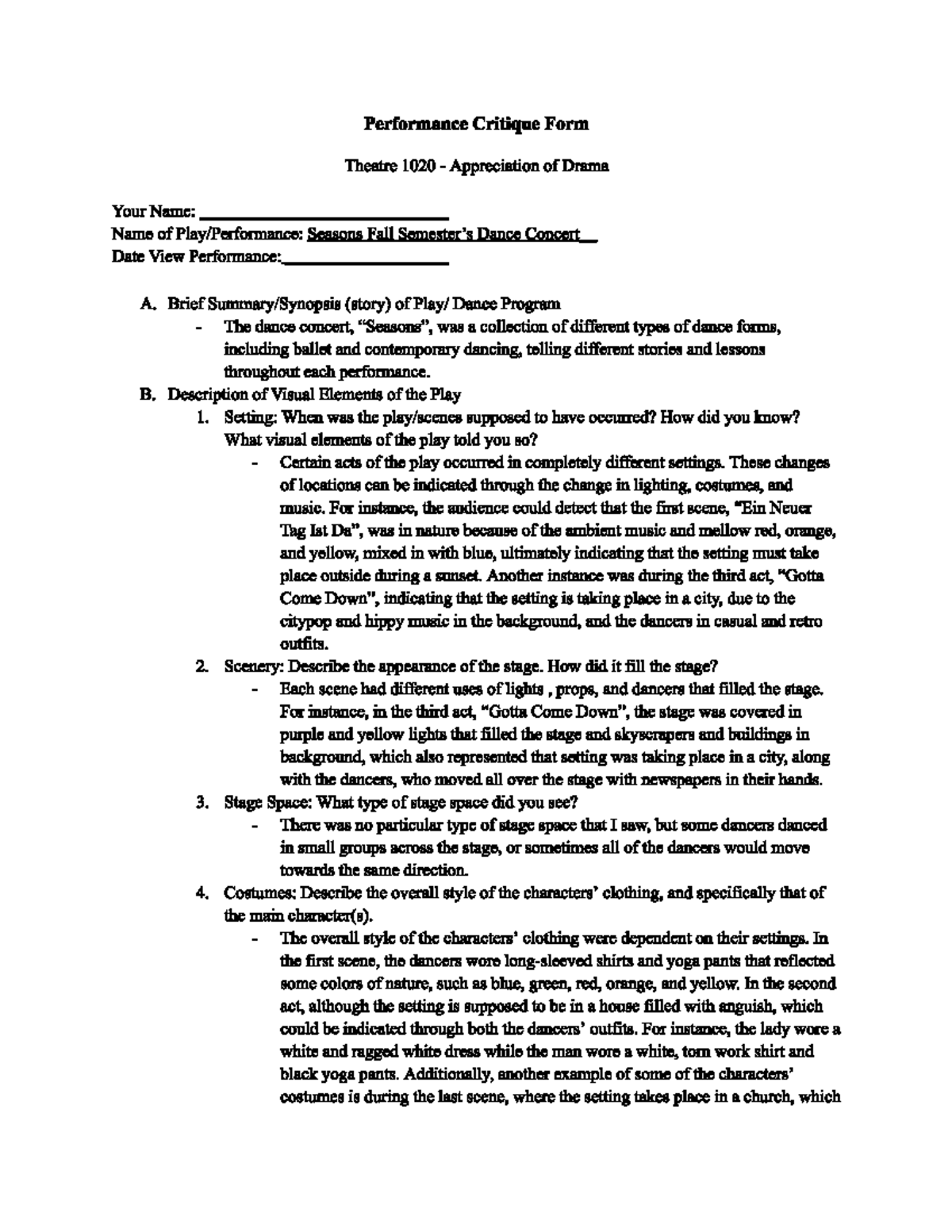 Dance Performance Critique - THTR 1020 - Studocu