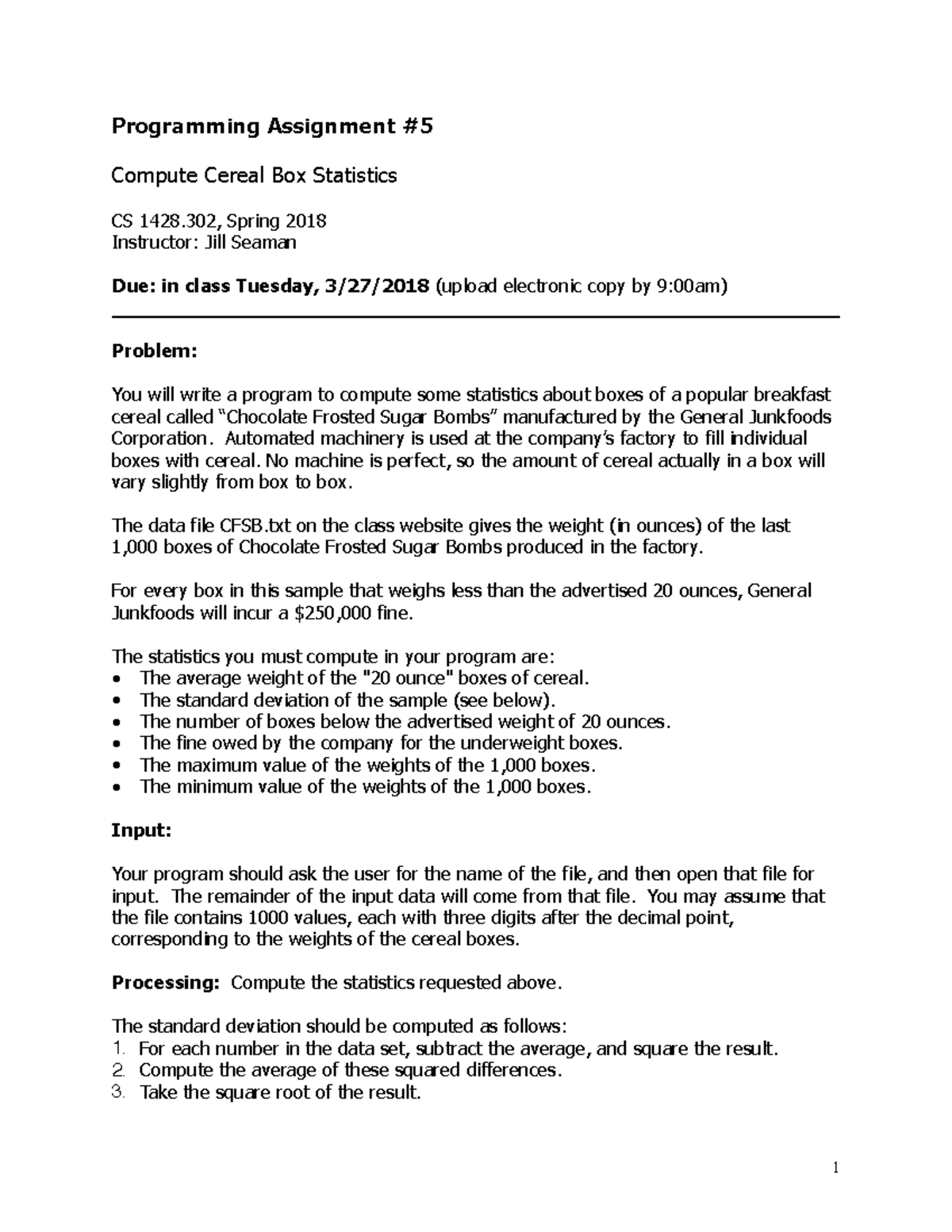 Assignment 5 - CS 1428 - Programming Assignment Compute Cereal Box Statistics CS 1428, Spring ...