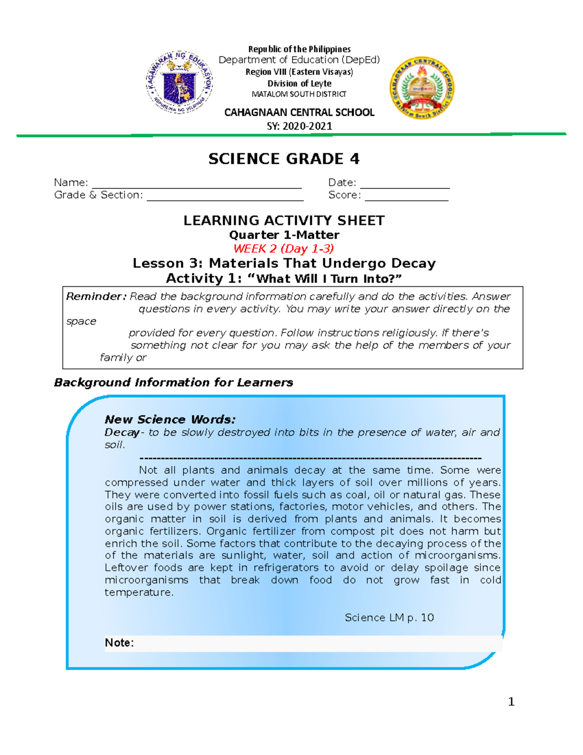 Teacher-made Science 4 Q1-week 2 Activity sheets with answer key ...