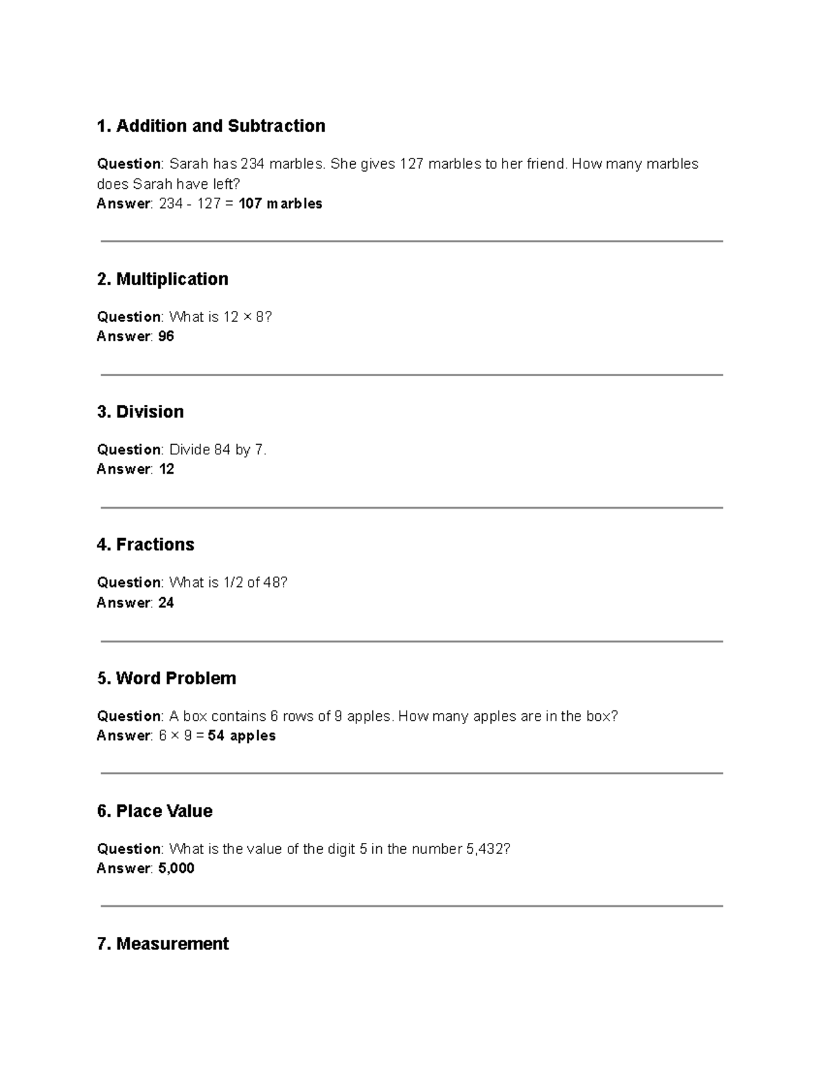 Grade 4 math - great math skills - 1. Addition and Subtraction Question ...