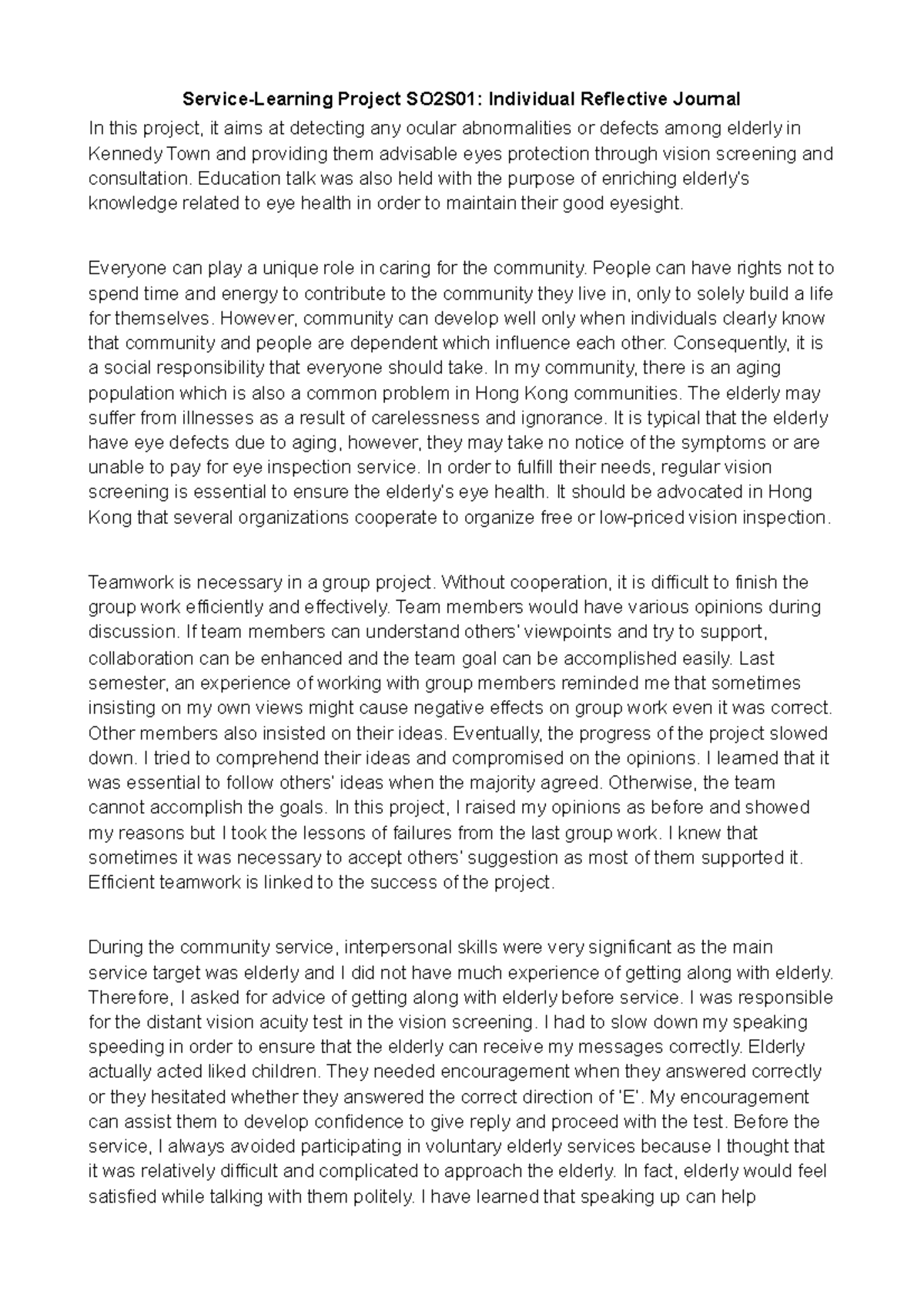 SO2S01- Individual Reflective Journal - Service-Learning Project SO2S01 ...
