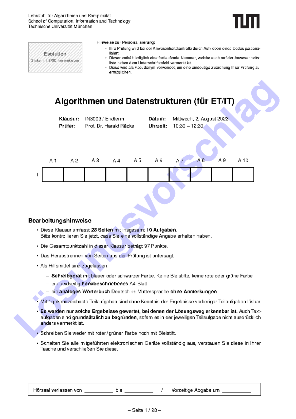 Algorithemn und Datenstrukturen Endterm 2023 solution - Lösungsvorschlag Lehrstuhl für ...