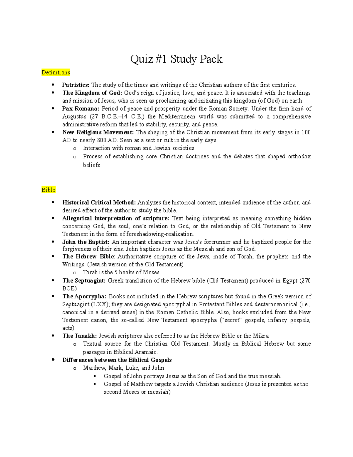 Quiz #1 Study Pack - Summary Introduction to Christian Origins - Quiz ...