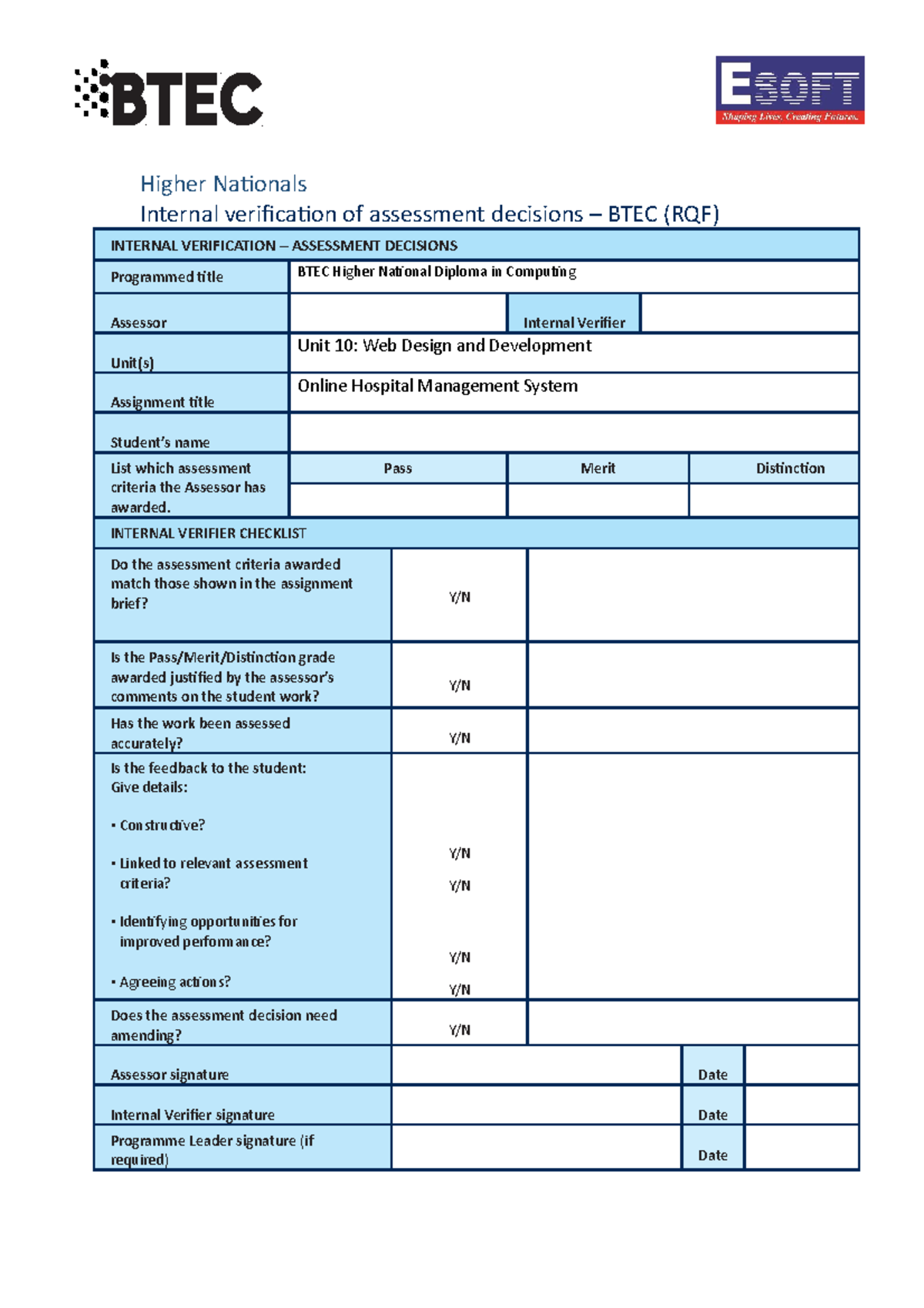Higher Nationals - WDD Brief - Higher Nationals Internal verification of assessment decisions ...