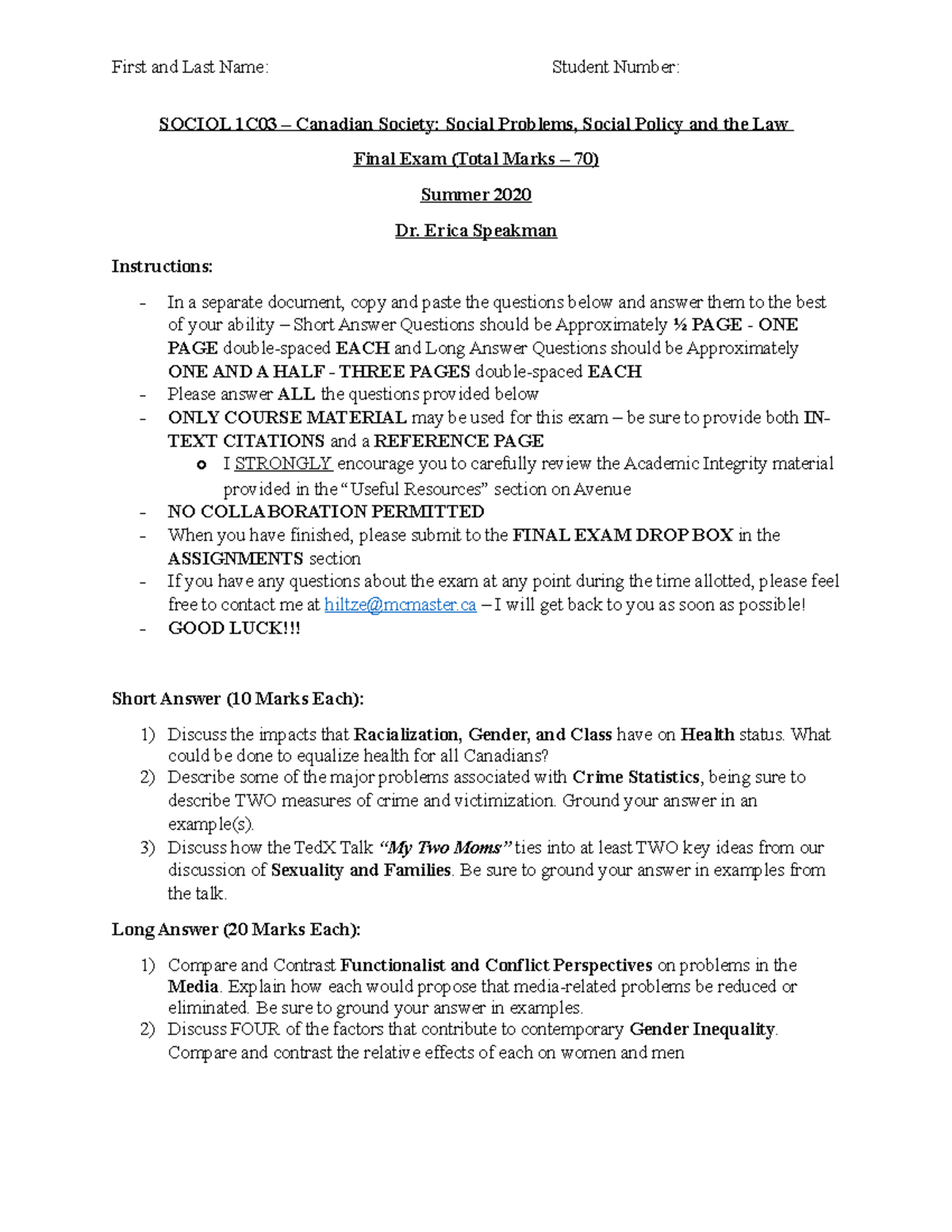 Final Exam - practice exam - First and Last Name: Student Number ...
