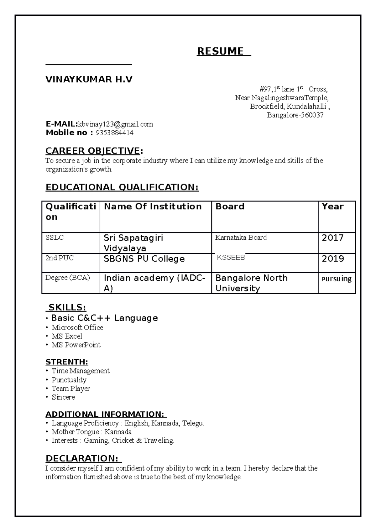 Resume - Project - RESUME VINAYKUMAR H #97,1st lane 1st Cross, Near ...