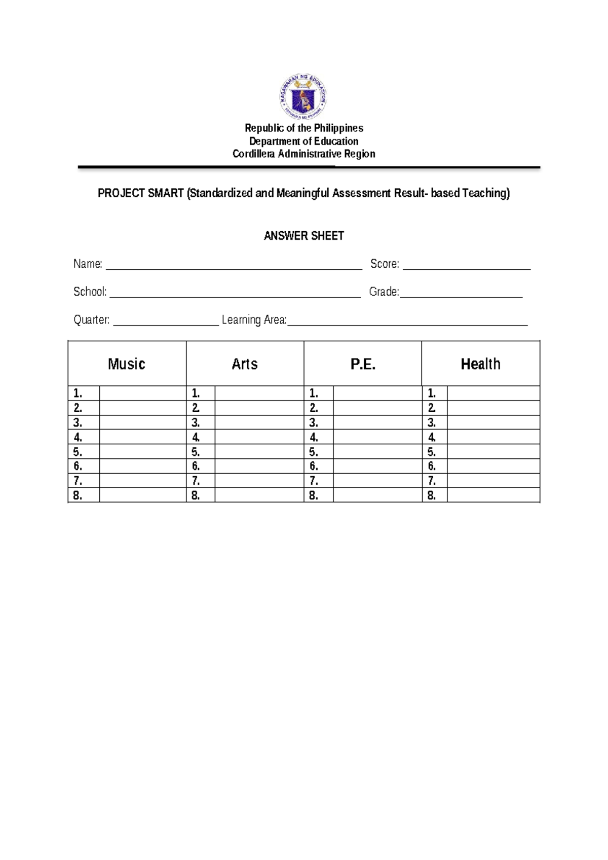 Answer Sheet Mapeh - Republic of the Philippines Department of ...