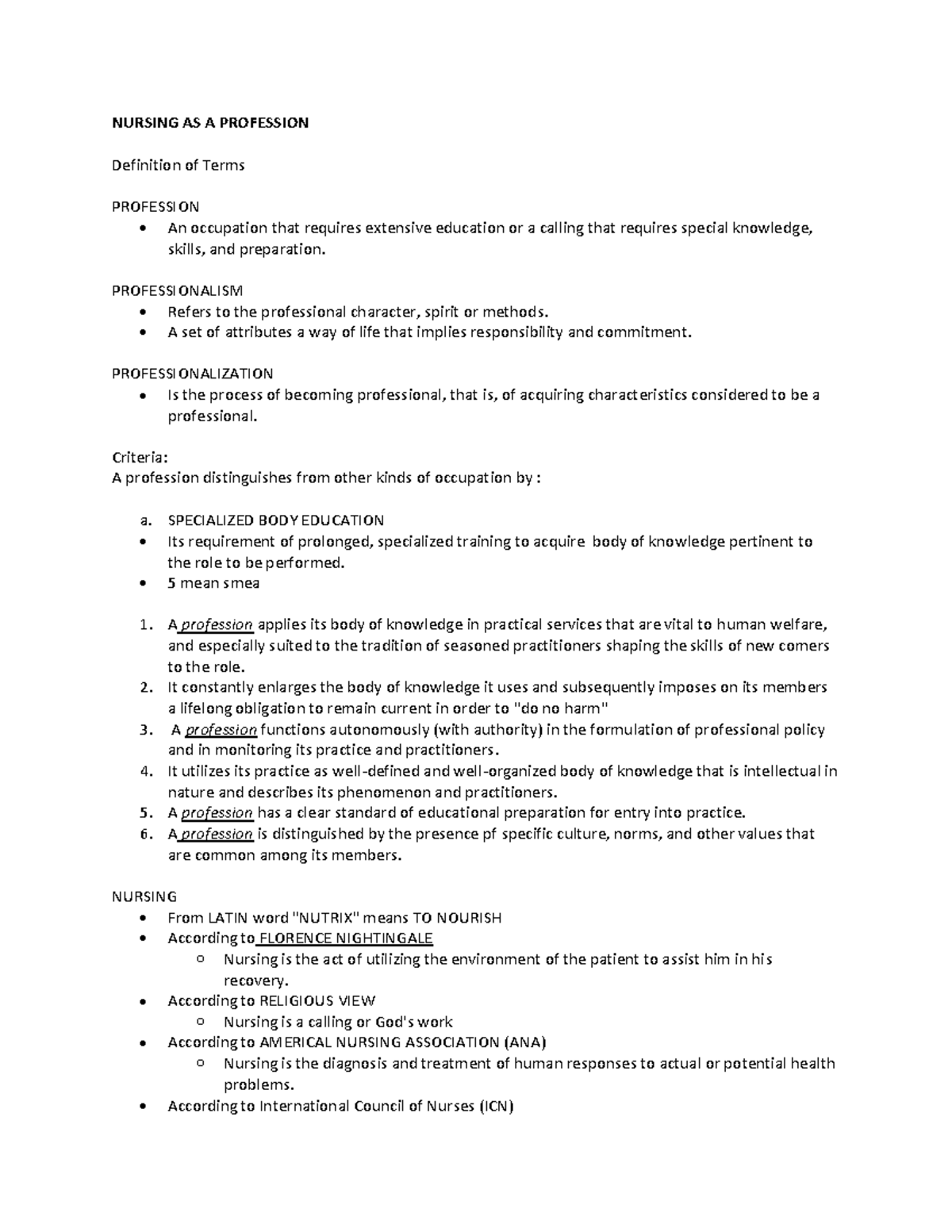 Funda Notes (020723) - NURSING AS A PROFESSION Definition of Terms ...