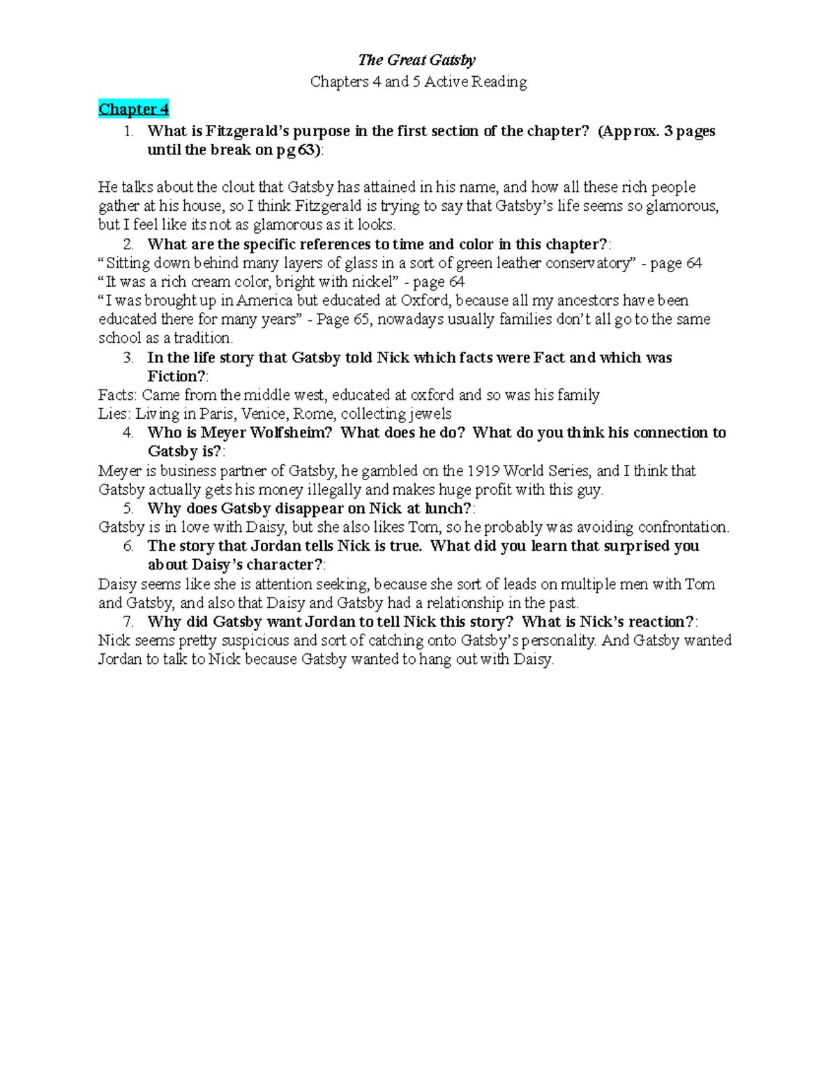 Cameron O'Malley - The Great Gatsby - Chapters 4 and 5 Active Reading ...