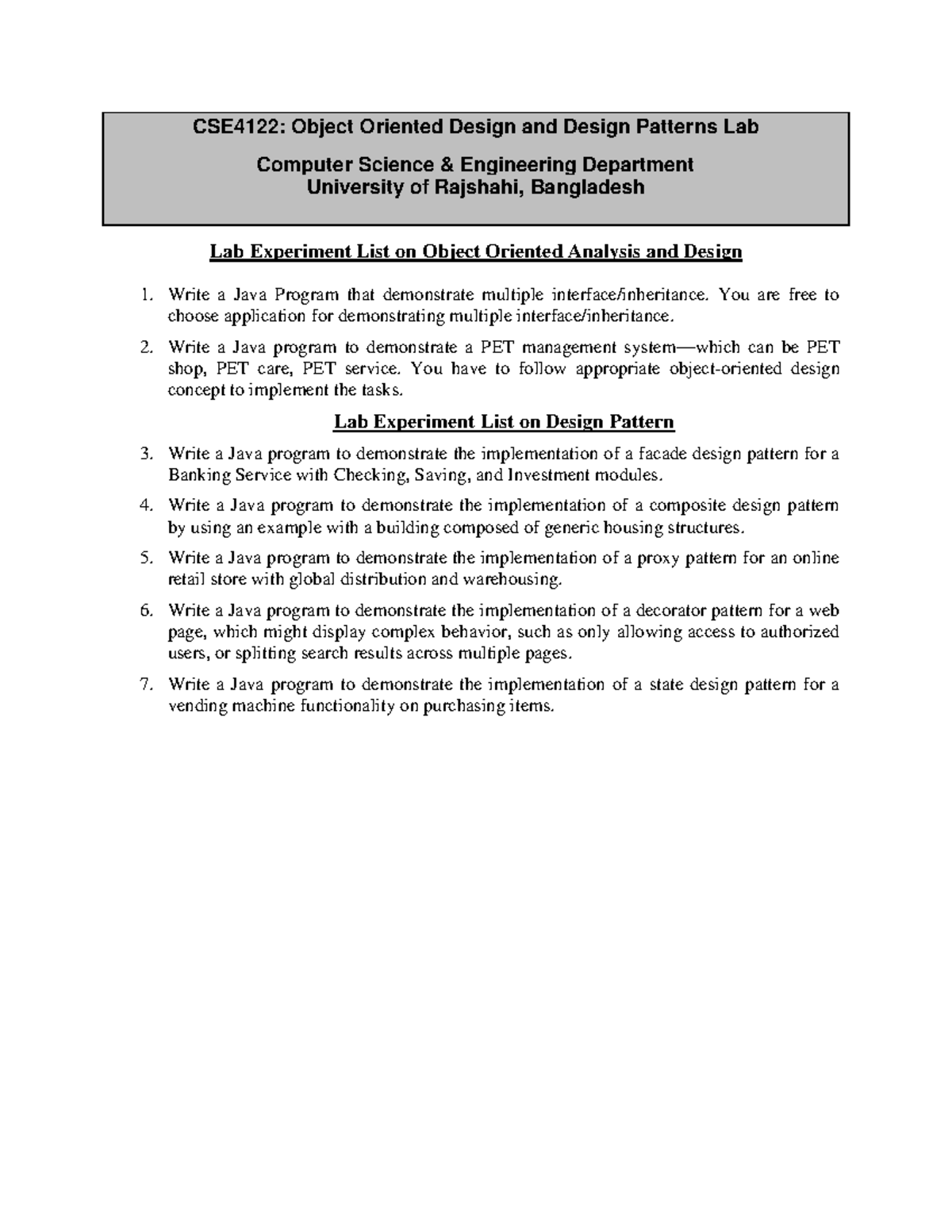 Lab Assignment List - CSE4122: Object Oriented Design and Design Patterns Lab Computer Science ...