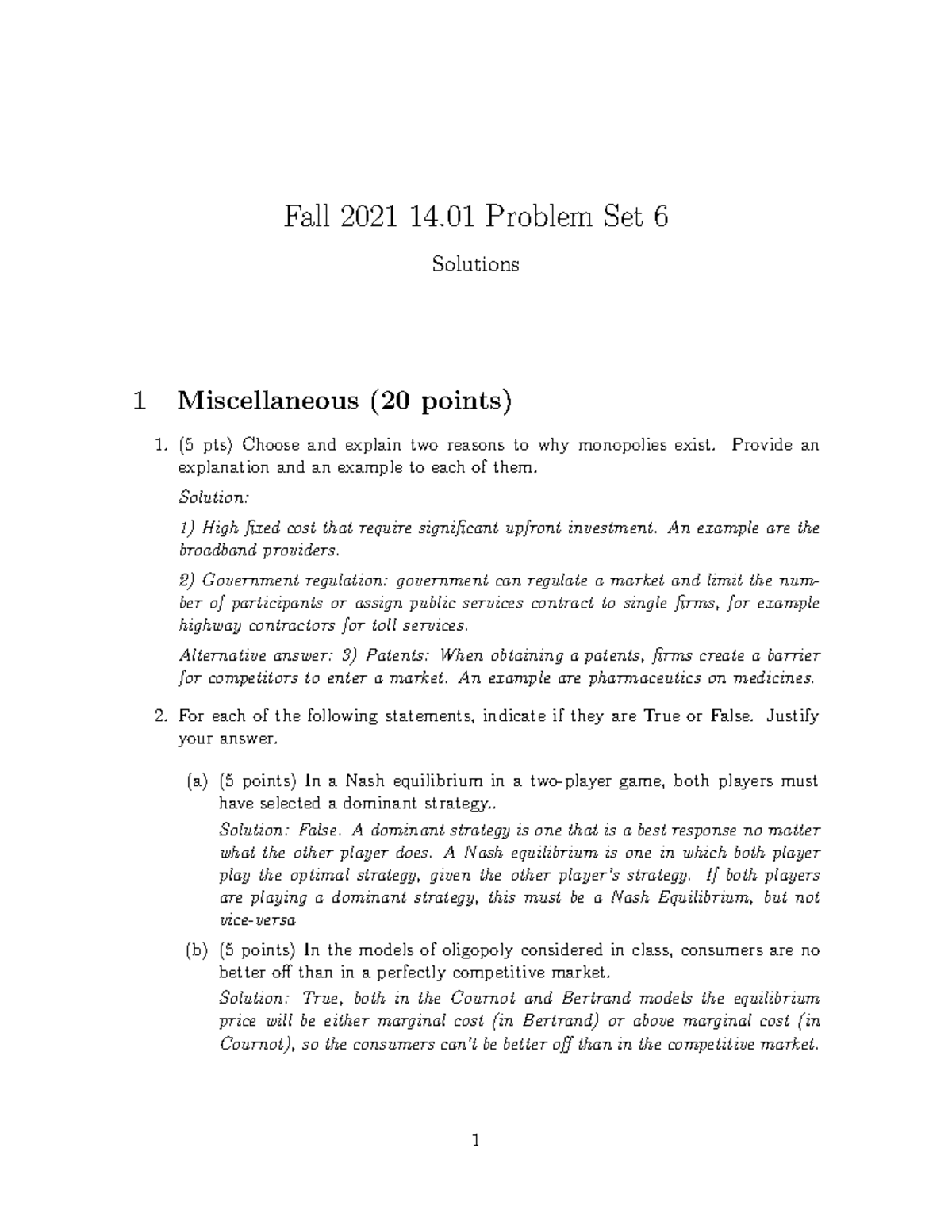 PSet6 Sol - Fall 2021 14 Problem Set 6 Solutions 1 Miscellaneous (20 points) (5 pts) Choose and ...