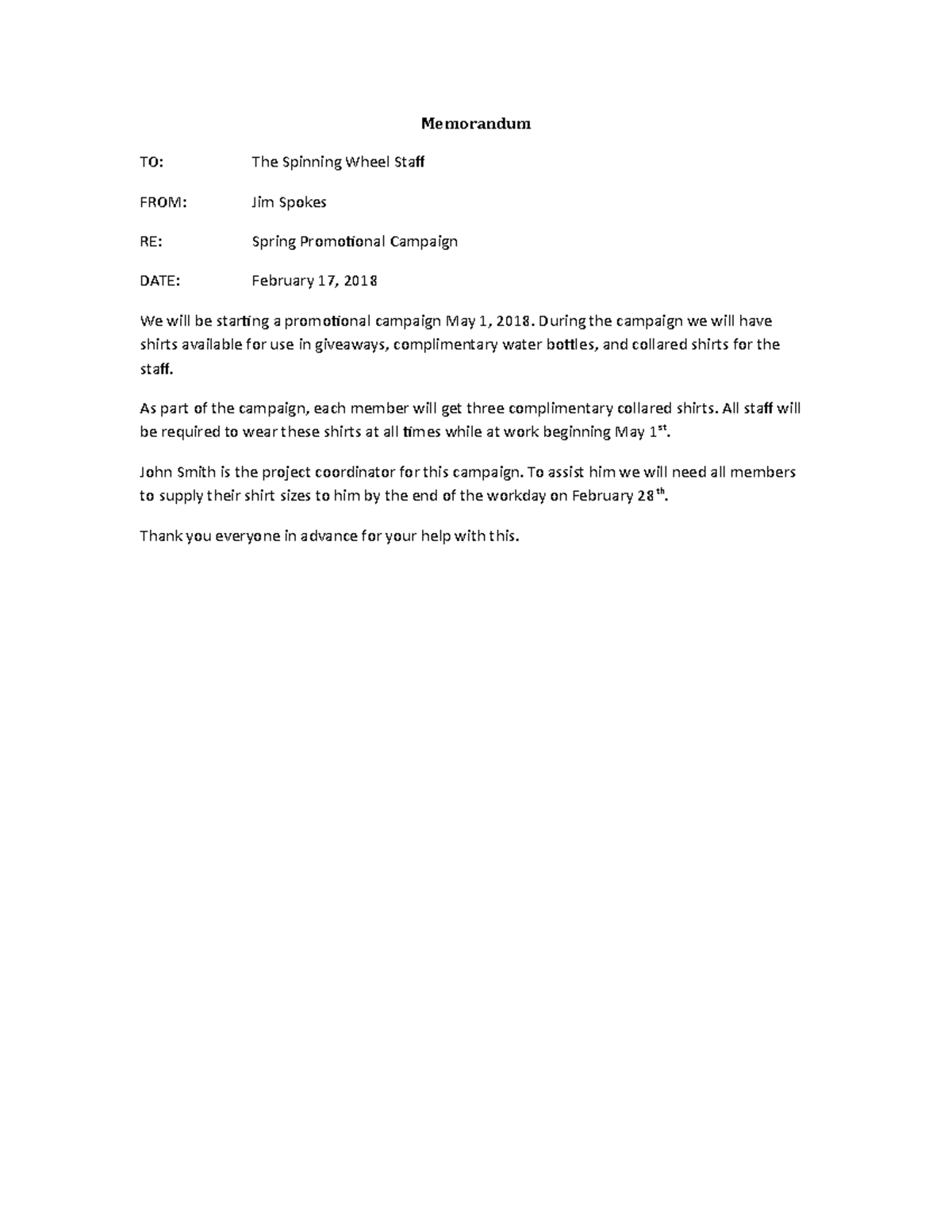 Sample 4 - Assignment - Memorandum TO: The Spinning Wheel Staf FROM ...