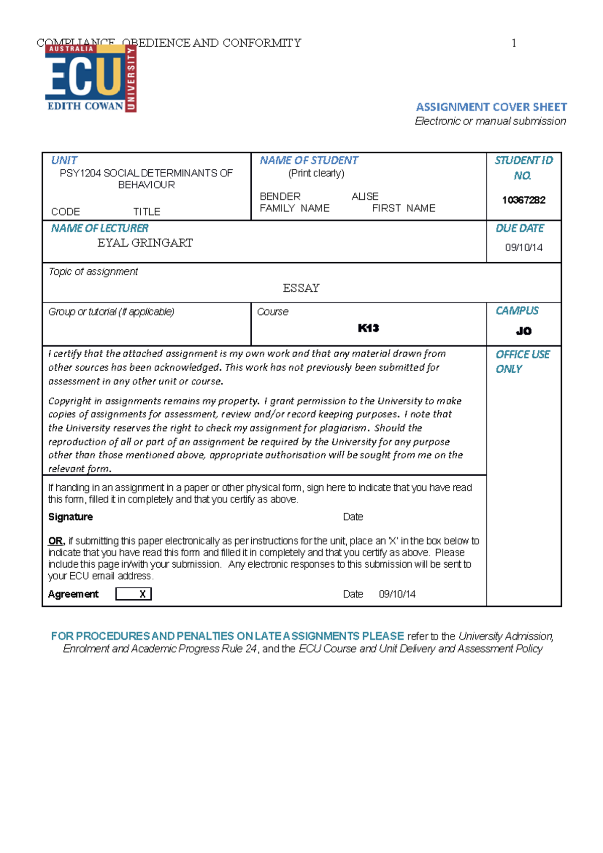 Essay Final - Assignment for the course - ASSIGNMENT COVER SHEET ...