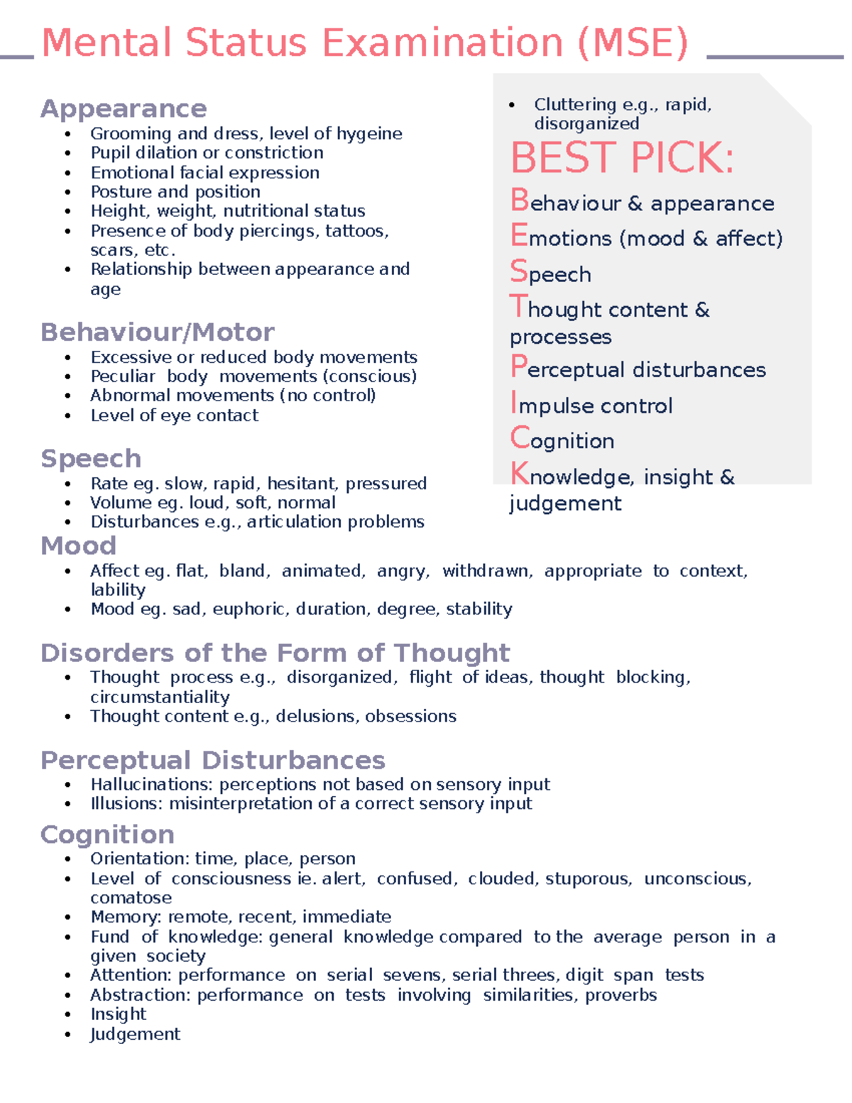 Mental Status Exam (wk 2) - Mental Status Examination (MSE) Appearance ...