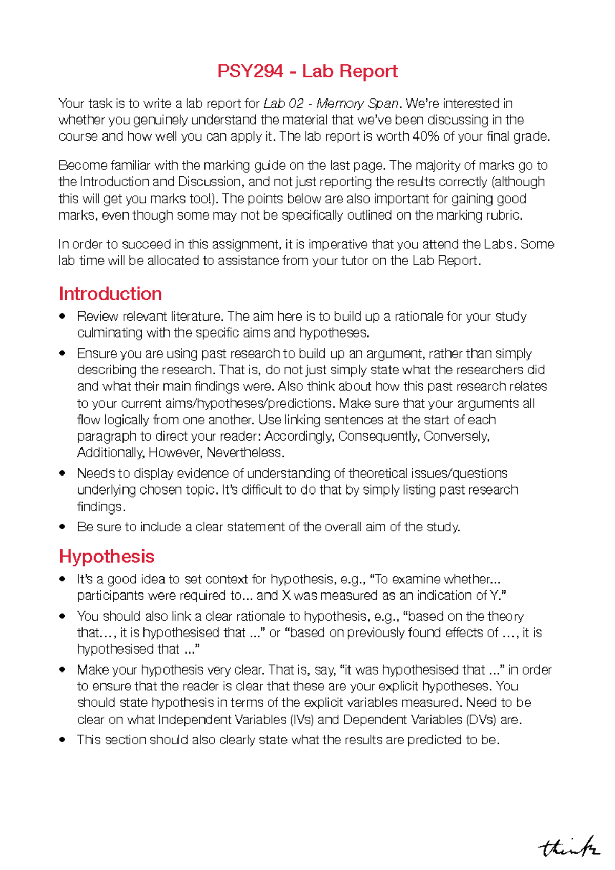 Lab Report Criteria-v06 - PSY294 - Lab Report Your task is to write a lab report for Lab 02 ...