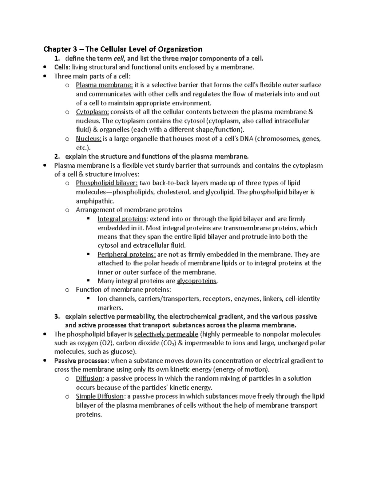 Chapter 3 - Chapter 3 – The Cellular Level of Organization 1. define ...