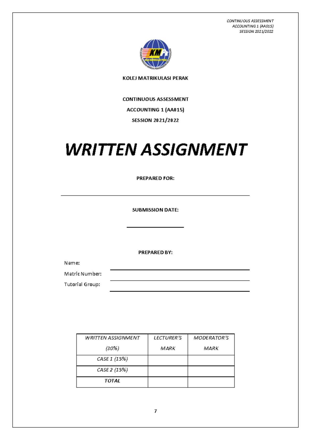 CASE 2 Accounting AA015 - CONTINUOUS ASSESSMENT ACCOUNTING 1 (AA015 ...