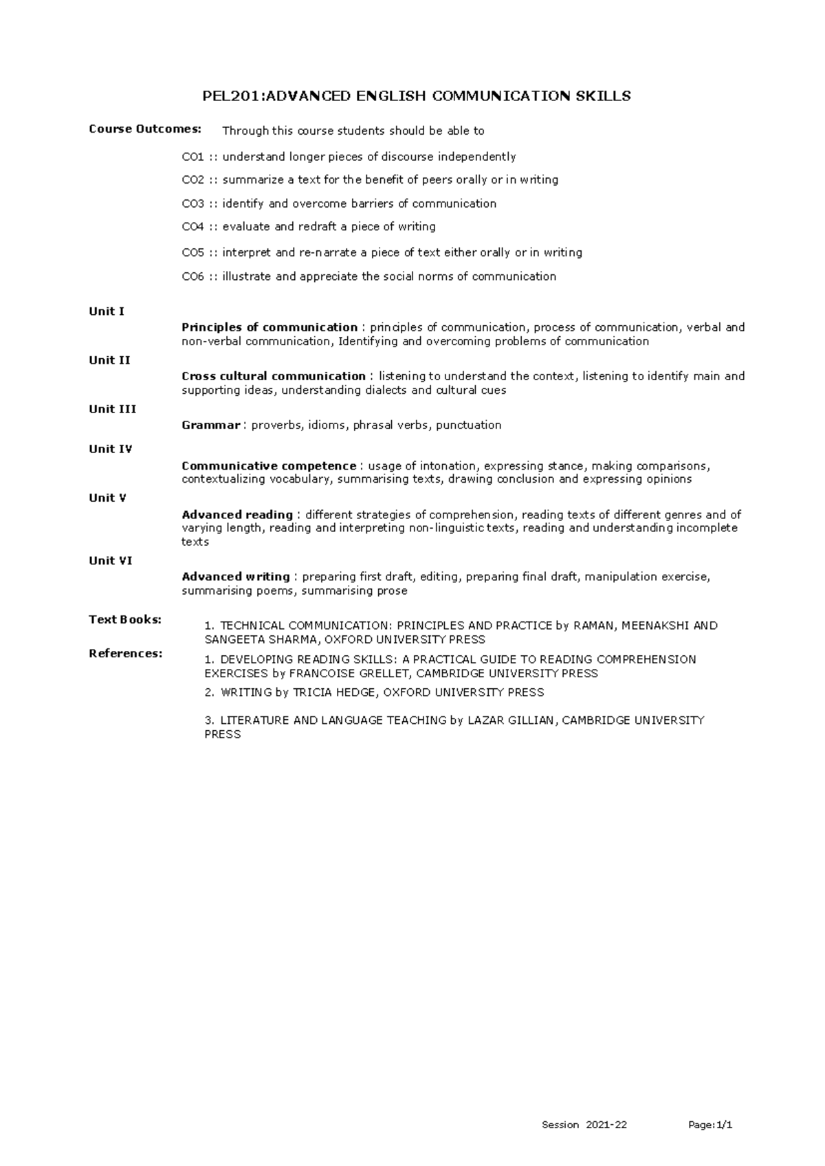 englishCourseSyllabus of ADVANCED ENGLISH COMMUNICATION SKILLS - PEL201 ...