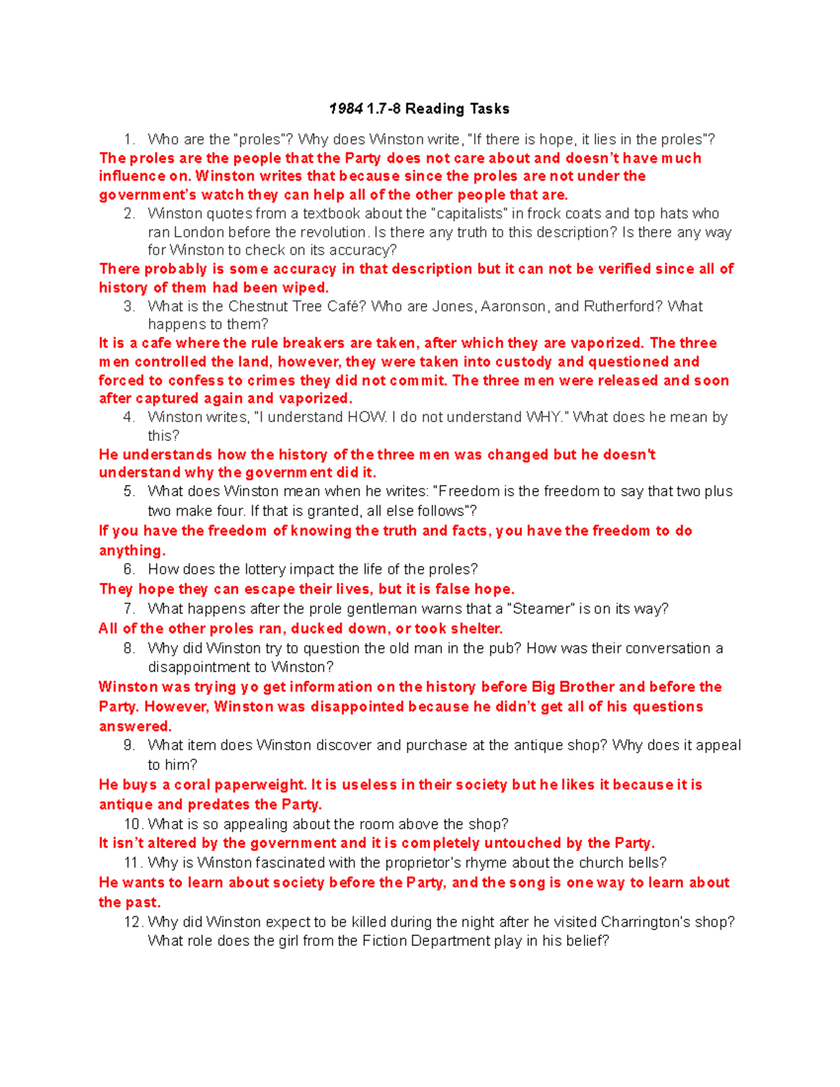 1984 1.7-8 Reading Tasks - 1984 1-8 Reading Tasks Who are the “proles”? Why does Winston write ...