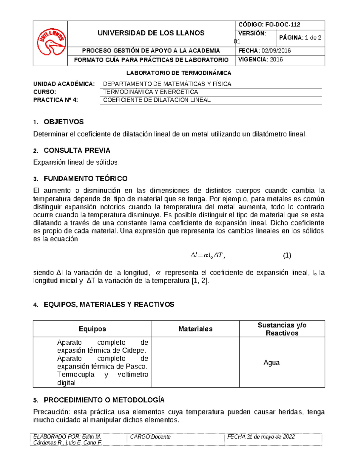 4 FO-DOC-112 Formato GUIA PARA Practicas DE Laboratorio Coeficientede Dilatacion Lineal - - Studocu