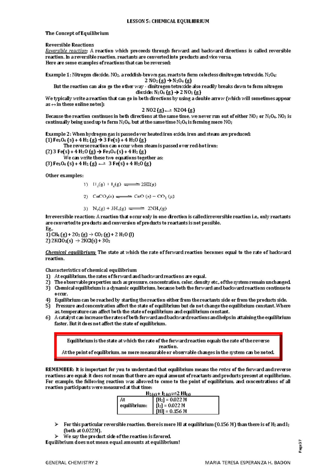 General- Chemistry-1 - Page LESSON 5: CHEMICAL EQUILIBRIUM The Concept ...