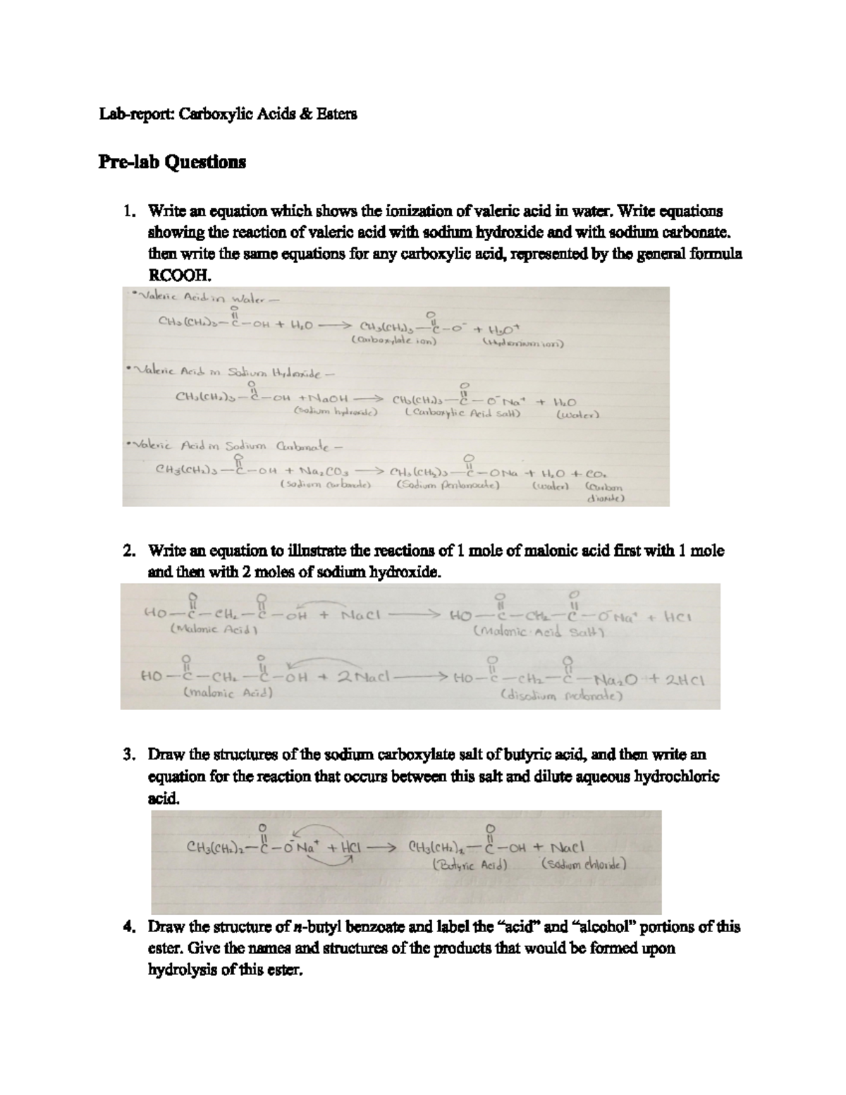 Chemistry 230 Lab-report Carboxylic Acids & Esters - Carboxylic Acids Esters Questions 1. Write ...