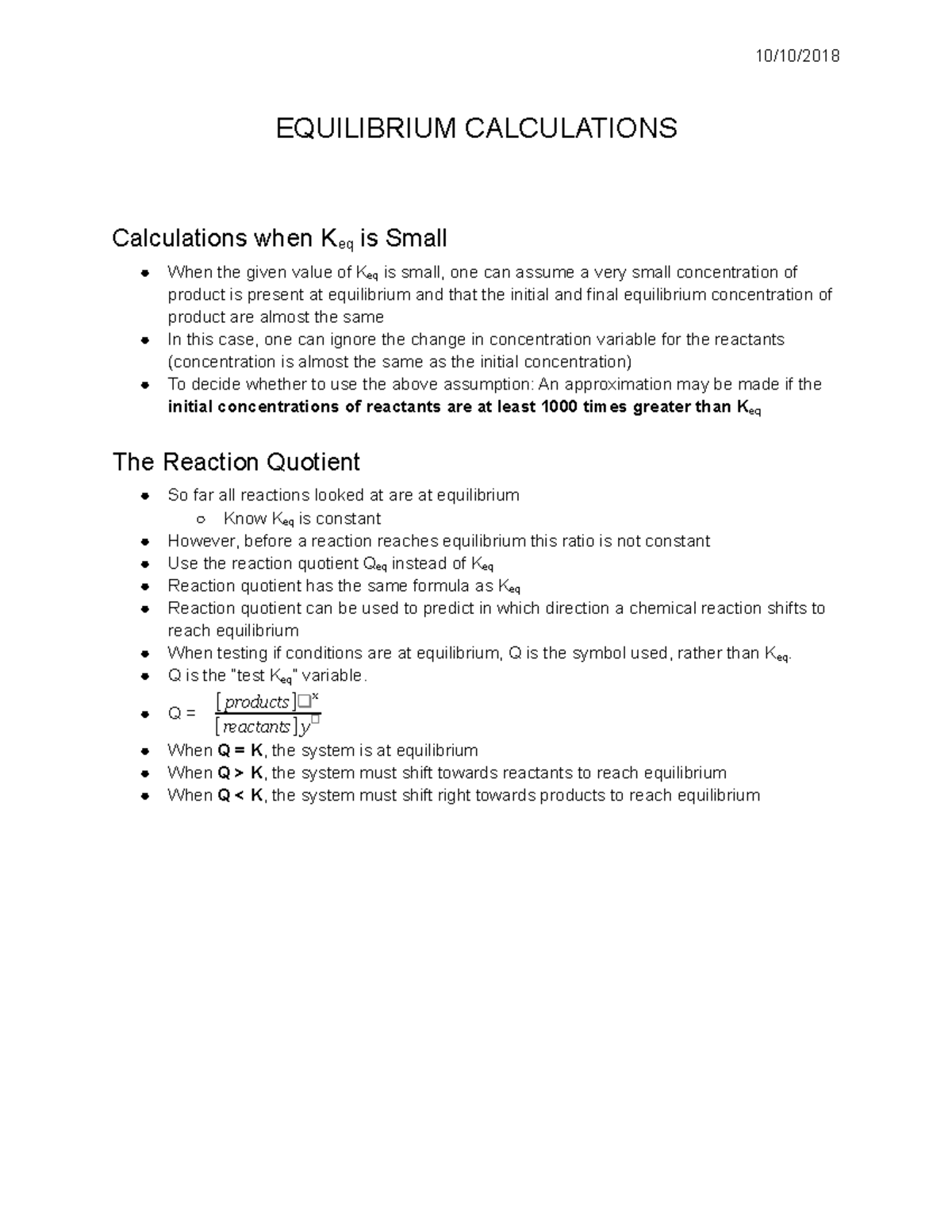 7.2 Equilibrium Calculations - 10/10/ EQUILIBRIUM CALCULATIONS ...