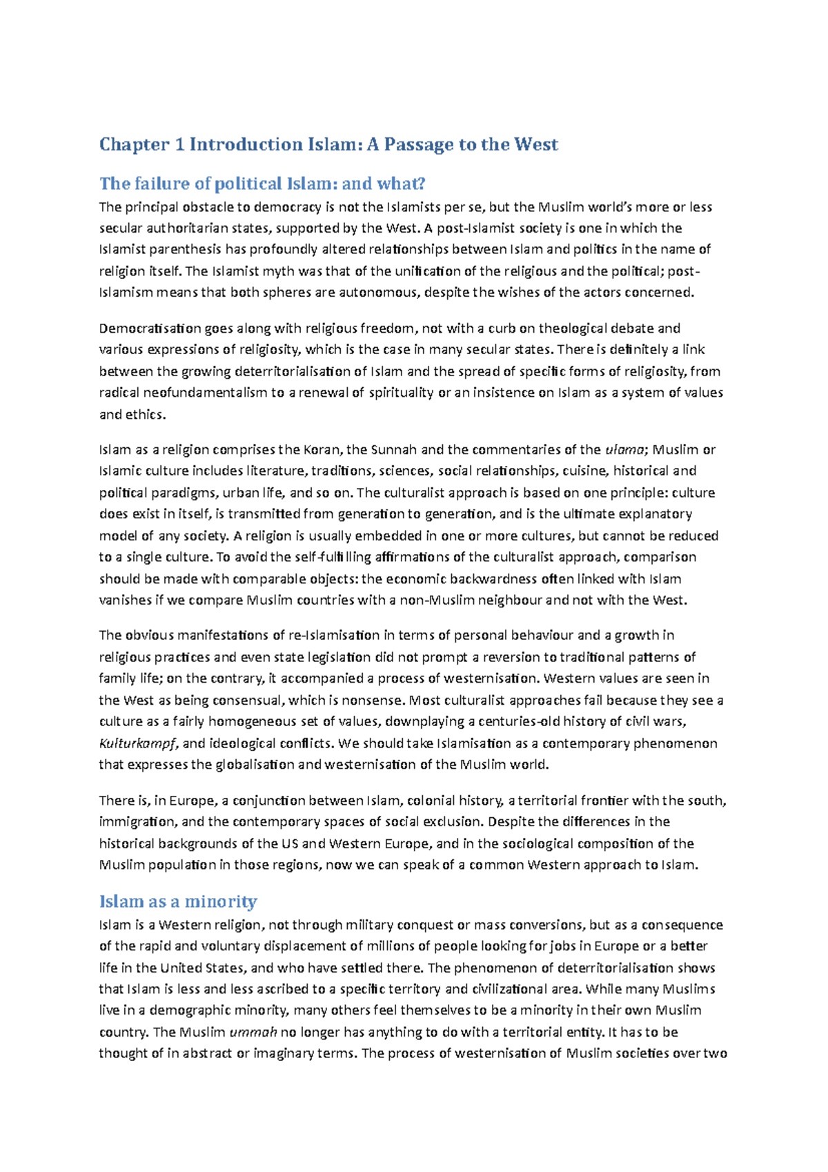 Olivier Roy Globalized Islam Summary - Chapter 1 Introduction Islam: A ...