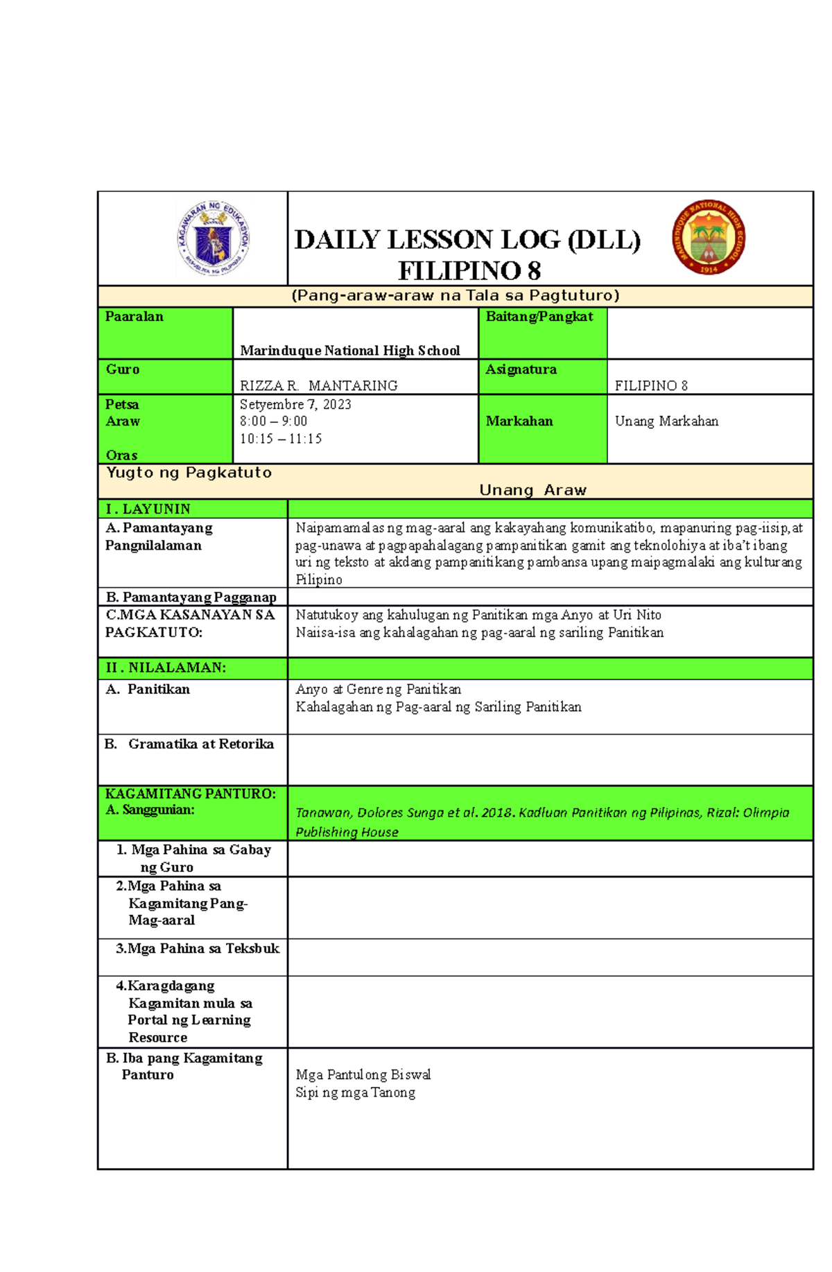LP ANG Panitikan - DAILY LESSON LOG (DLL) FILIPINO 8 (Pang-araw-araw na ...