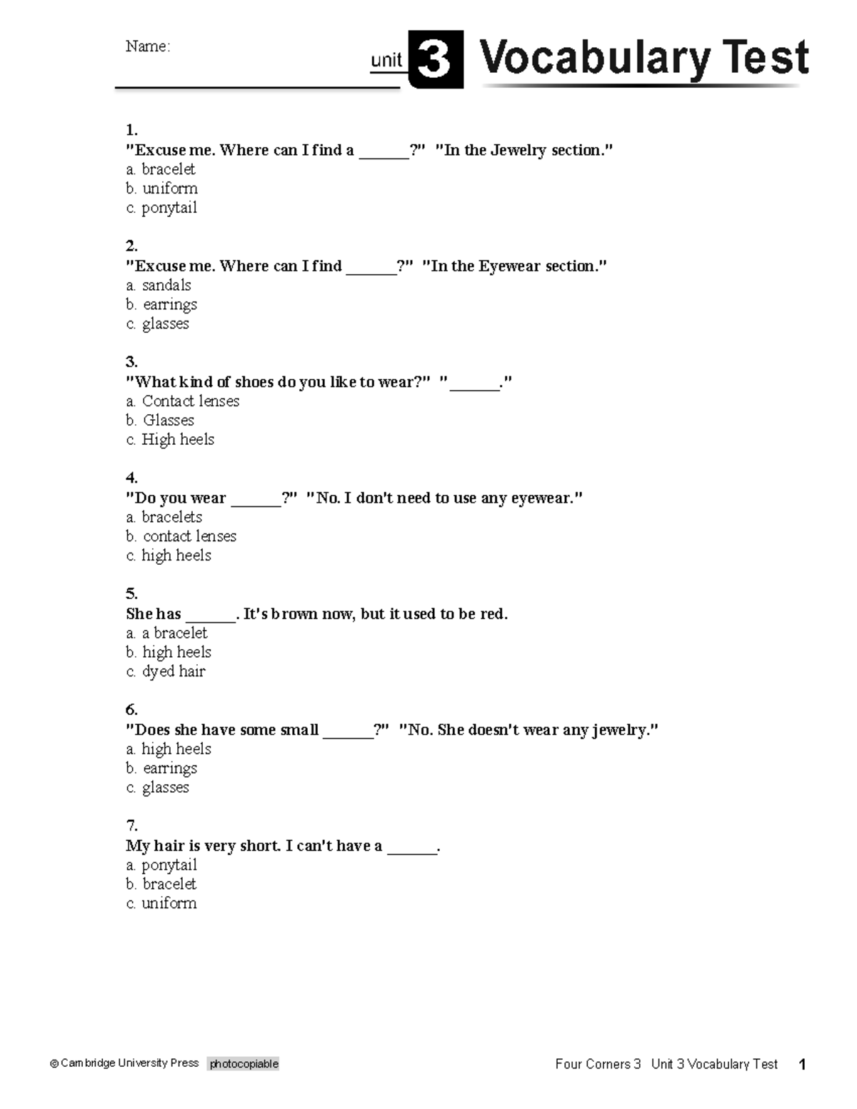 Unit 03 Vocabulary Test - © Cambridge University Press photocopiable ...