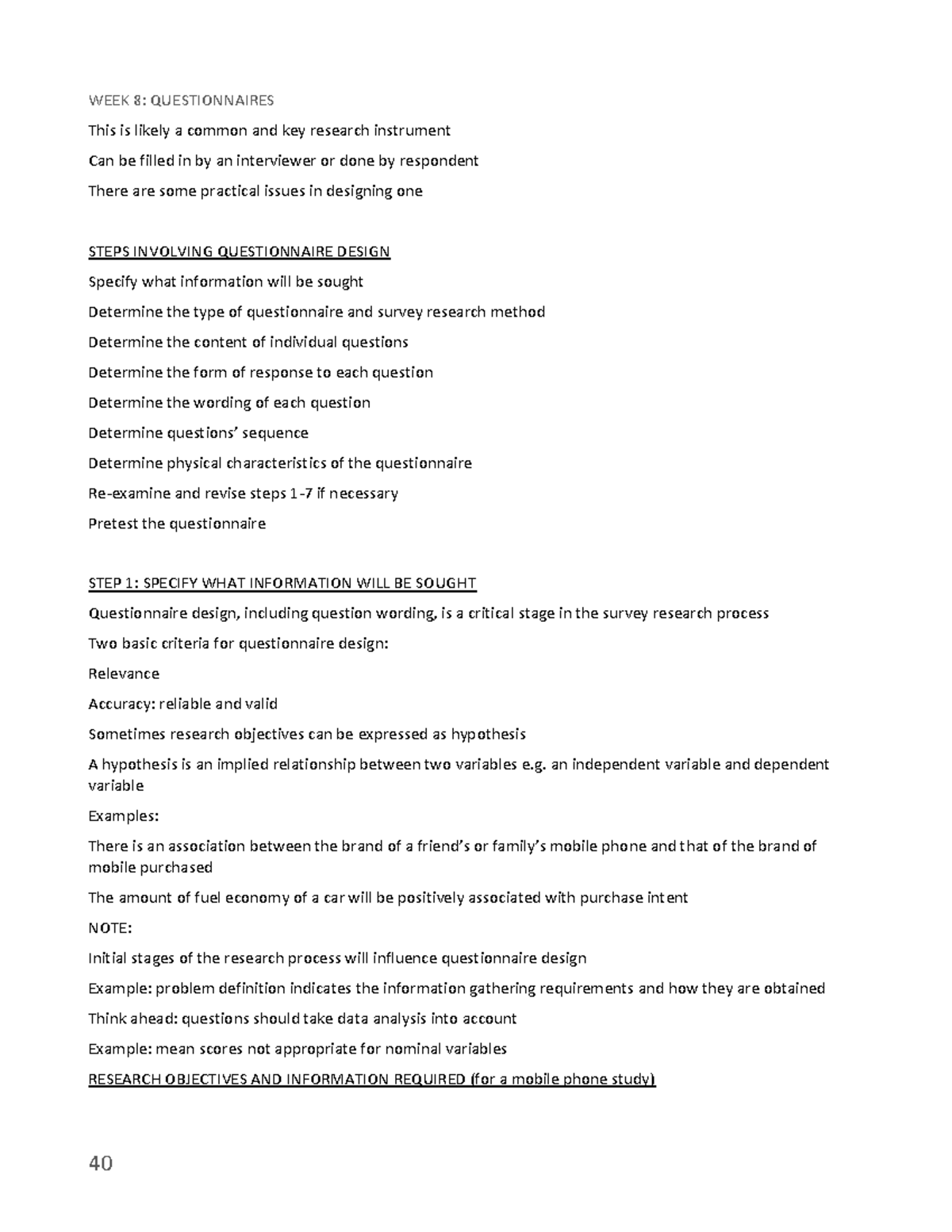Week 8+9 - Lecture notes 8,9 - WEEK 8: QUESTIONNAIRES This is likely a ...