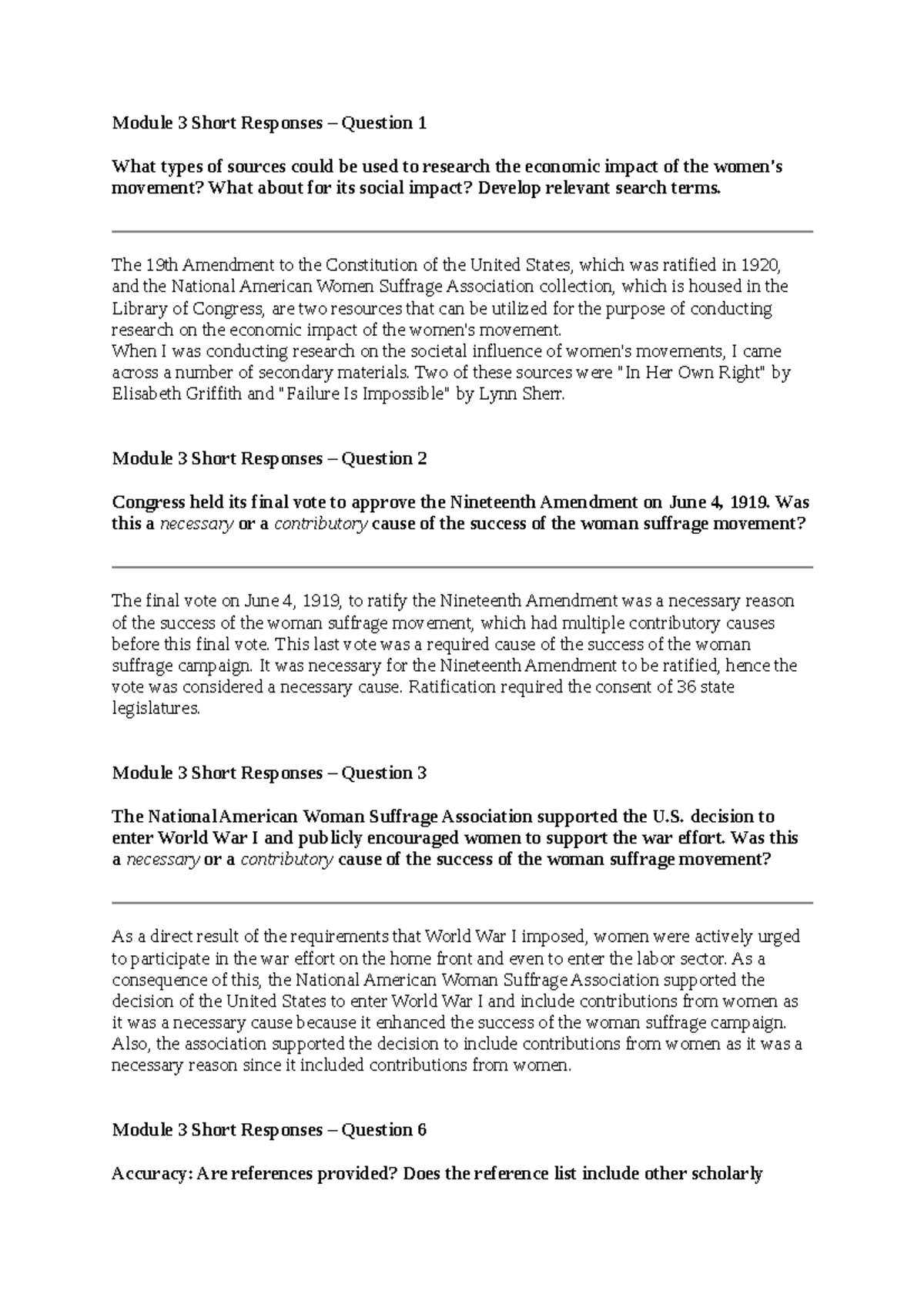 HIS 200 writing plan 3 - Module 3 Short Responses – Question 1 What ...