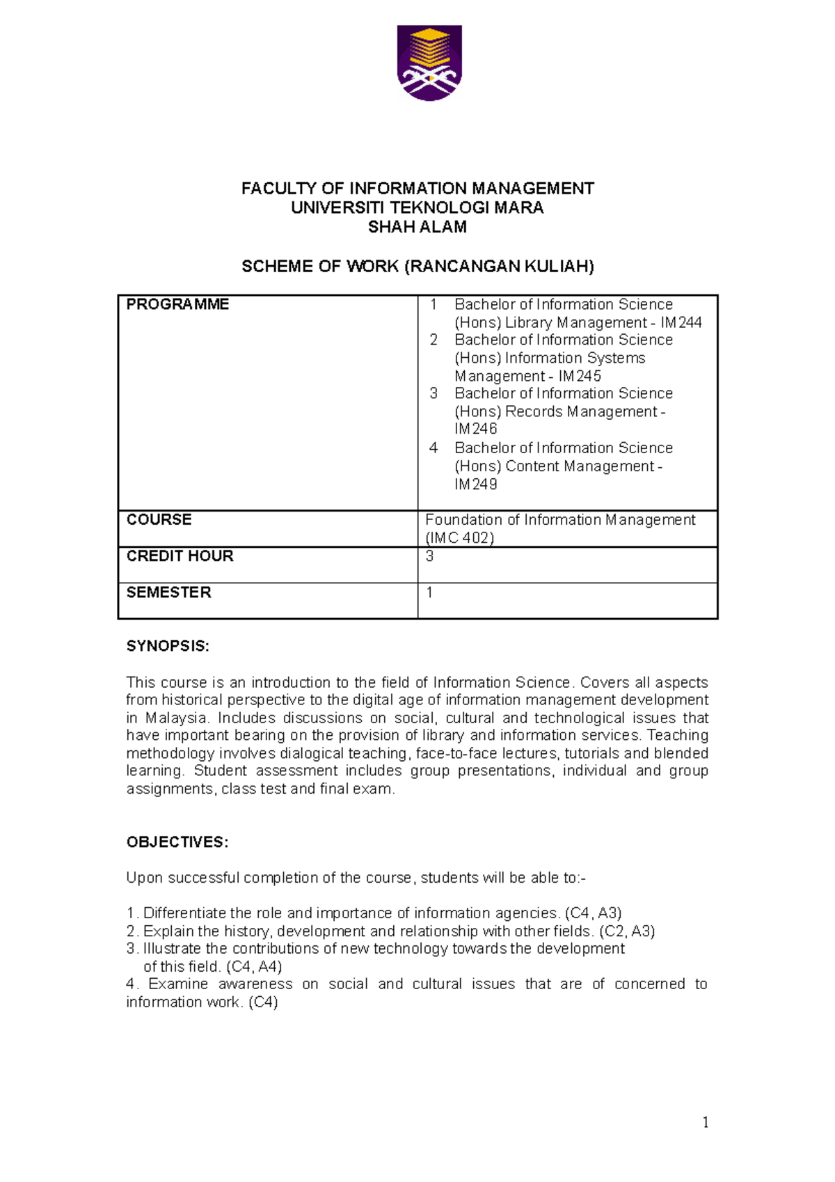 IMC402 Scheme of work assignment 1 - Foundation of Information ...