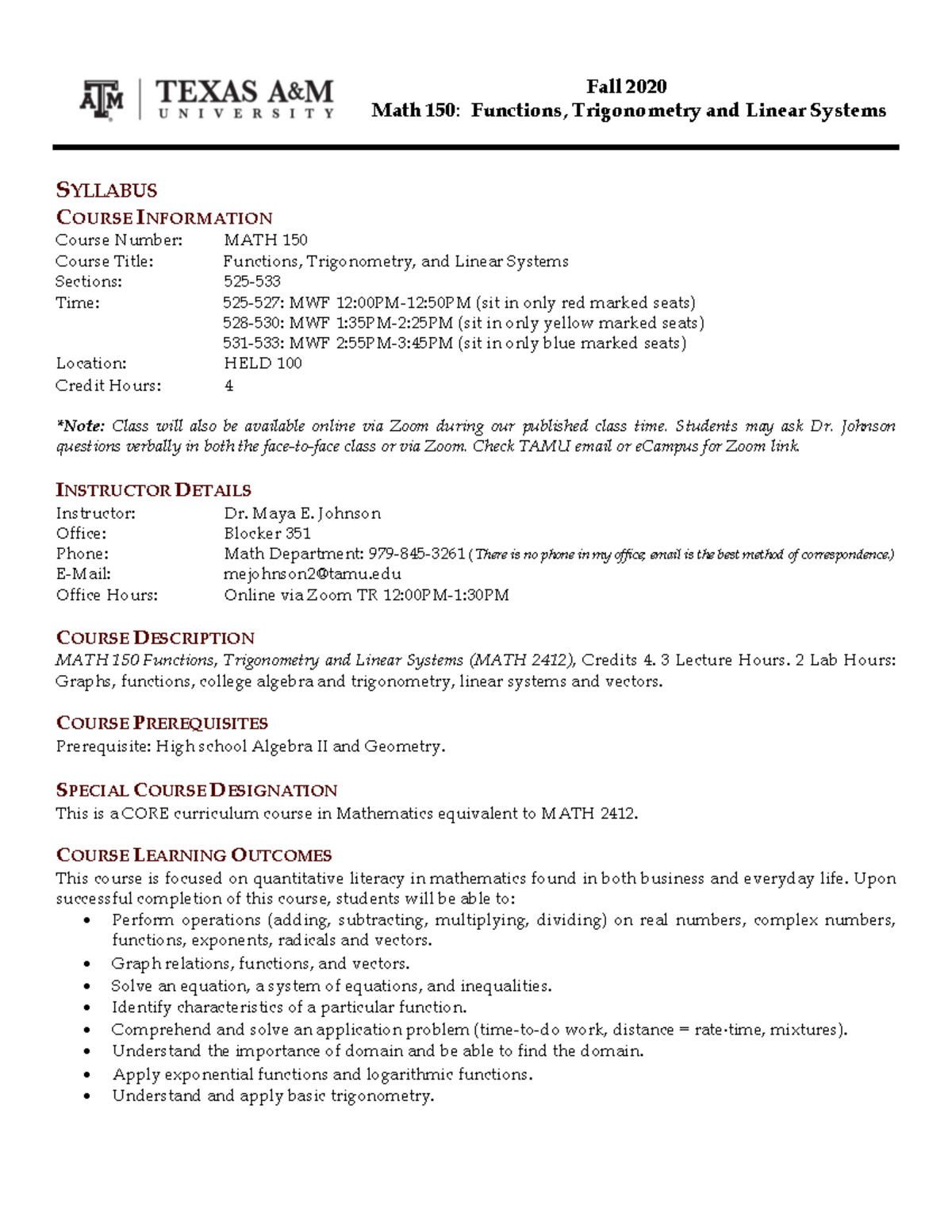 Math 150 - Fall 2020 Math 150: Functions, Trigonometry and Linear ...