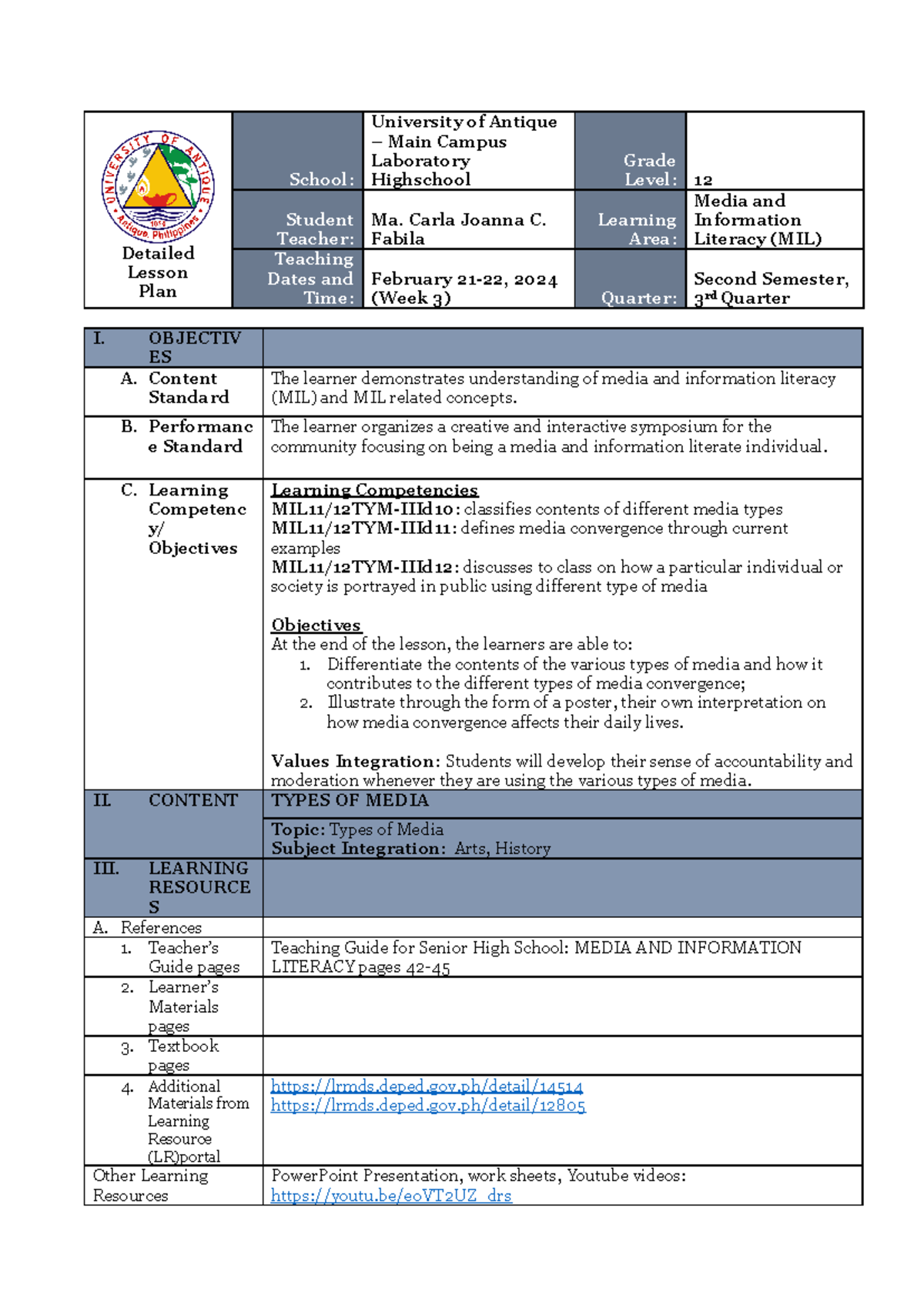 MIL Lesson Plan Fabila - Detailed Lesson Plan School: University of ...