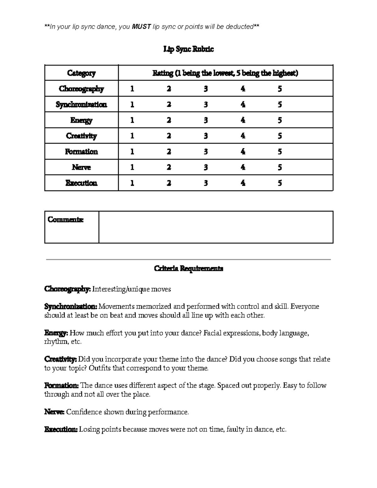Lip Sync Rubric - In your lip sync dance, you MUST lip sync or points ...
