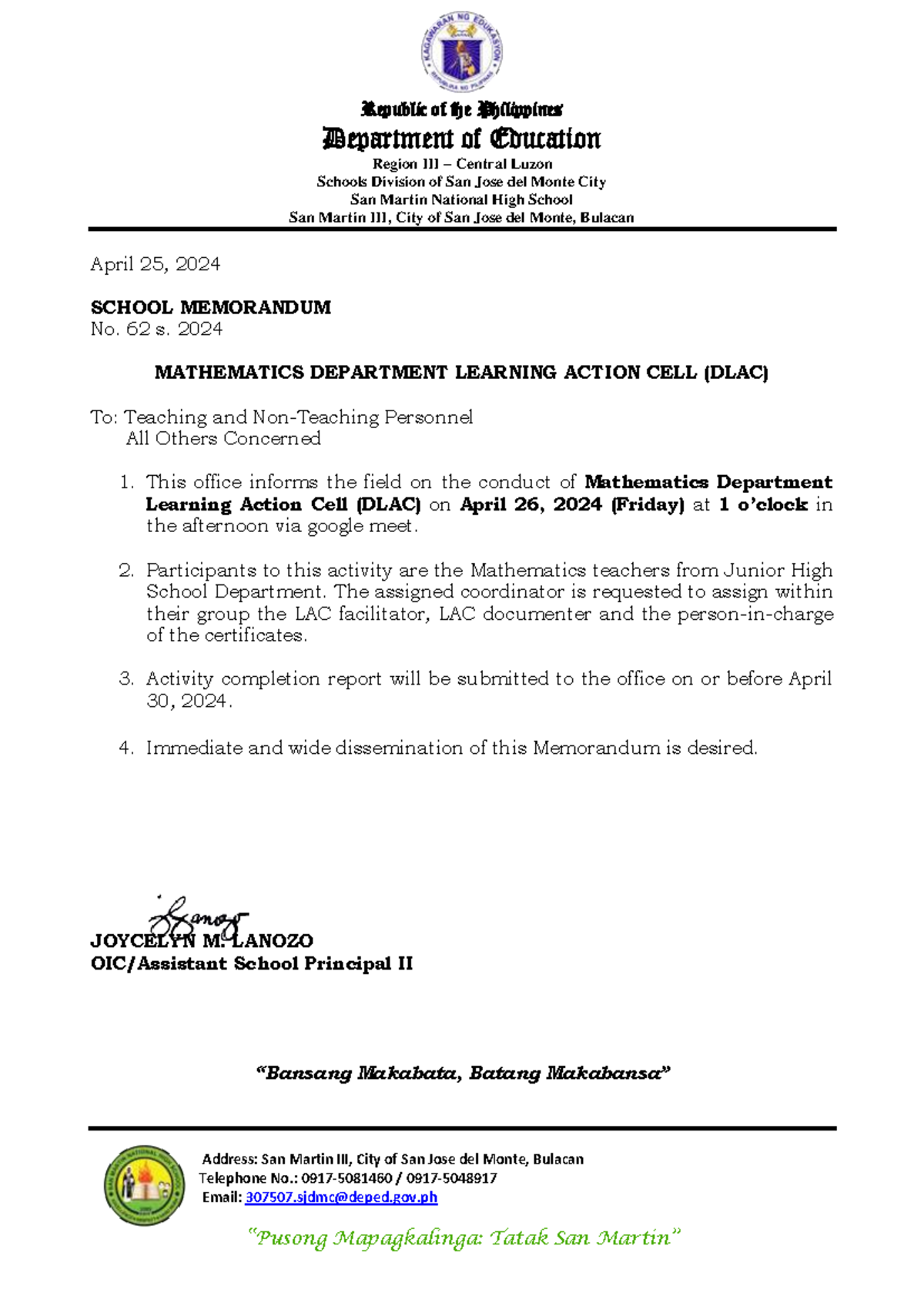 School-Memorandum-No - Republic of the Philippines Department of ...