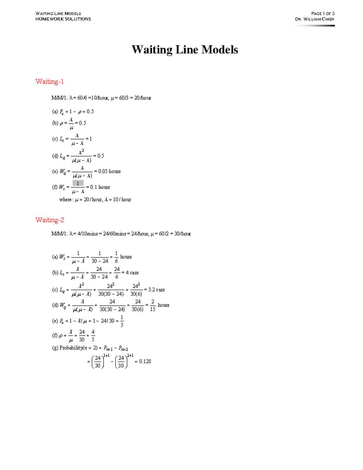 6. Waiting Line Hw Sol - HWK - WAITING LINE MODELS PAGE 1 OF 3 HOMEWORK ...