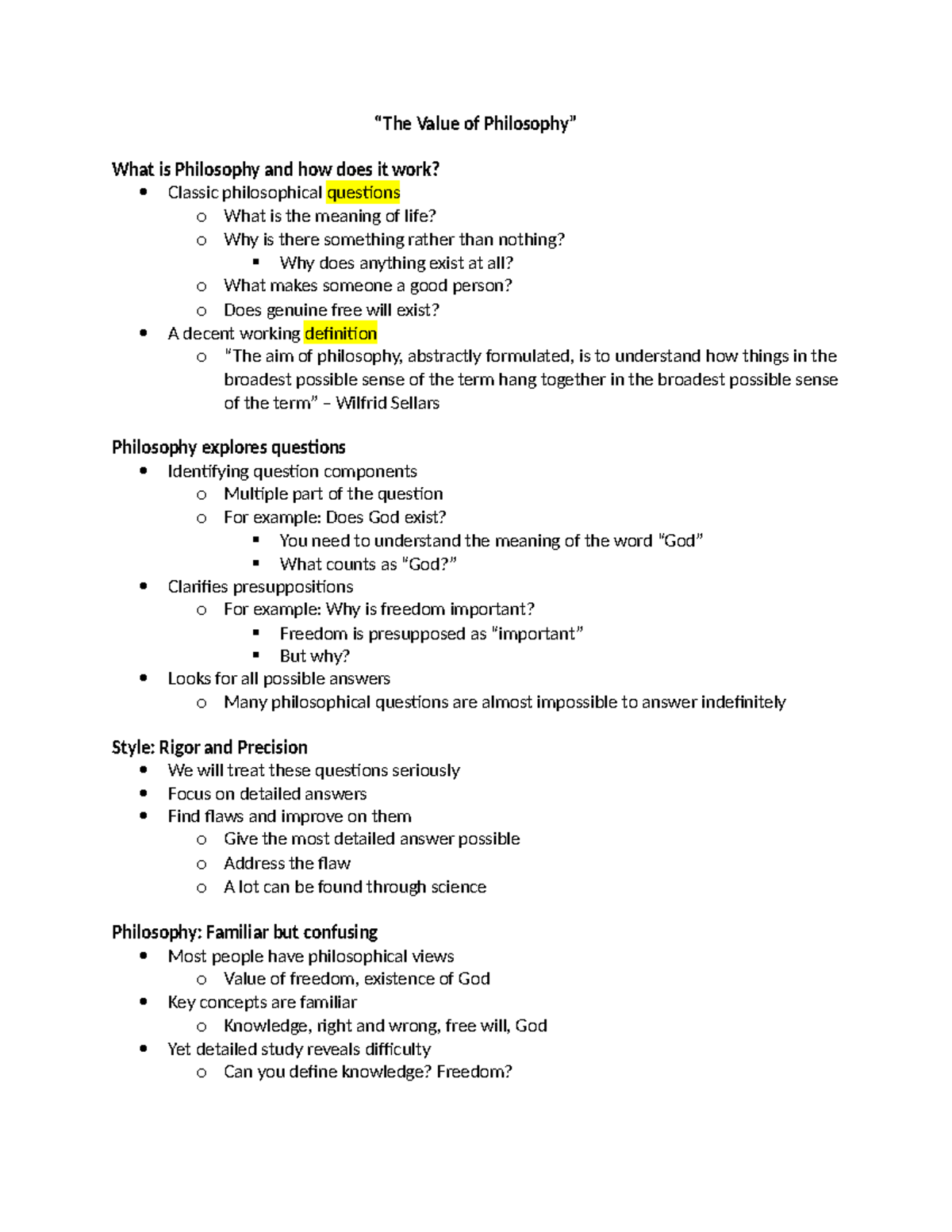 The Value of Philosophy Unit 1 Lecture Notes - “The Value of Philosophy ...