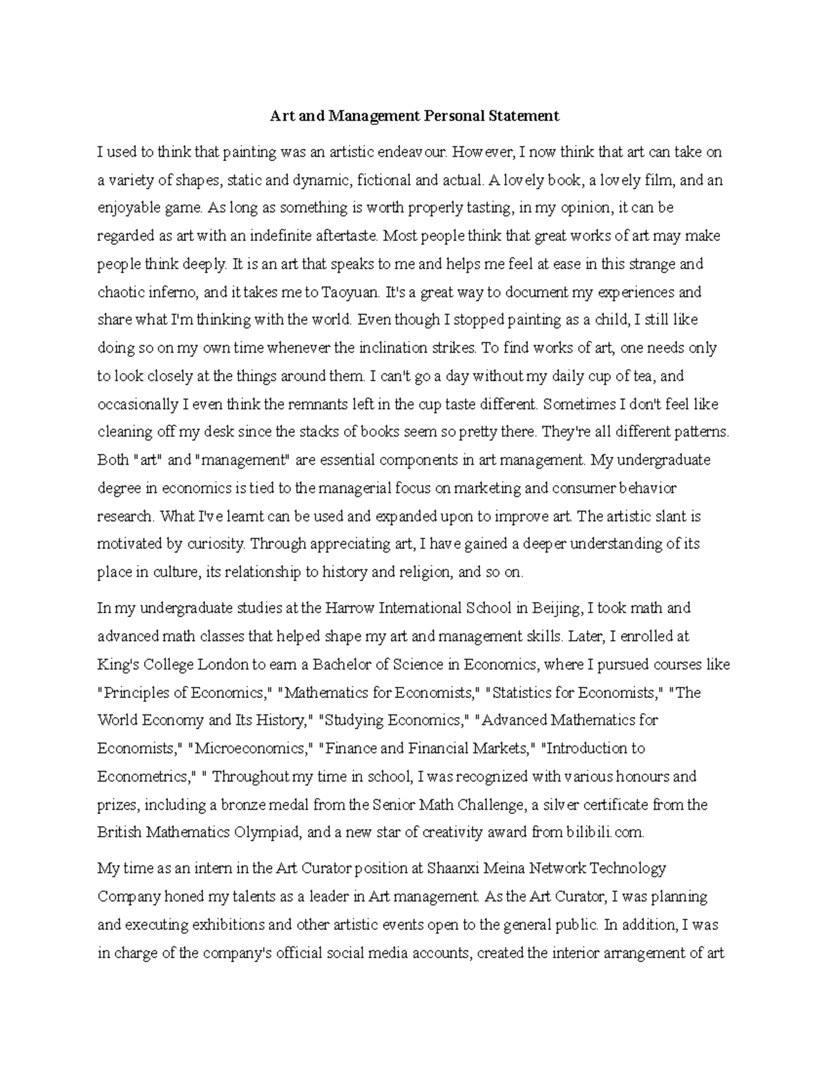 Art and Management Personal Statement - However, I now think that art ...