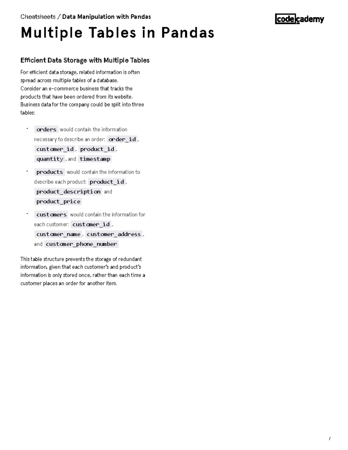 Data Manipulation With Pandas Multiple Tables In Pandas Cheatsheet Codecademy For Ecient