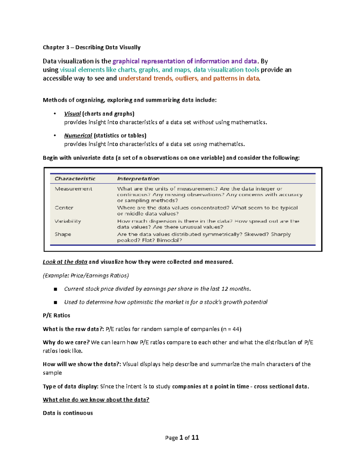 Chapter 3 - Describing Data Visually - Notes - Chapter 3 – Describing ...