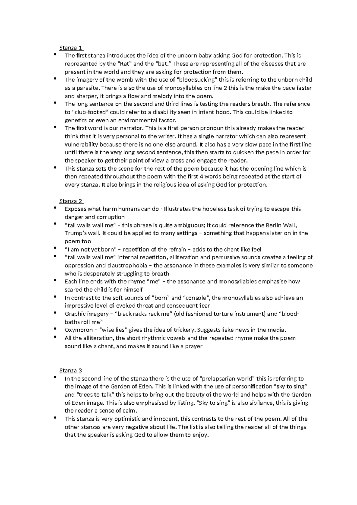 Prayer Before Birth Notes - Stanza 1 The first stanza introduces the ...