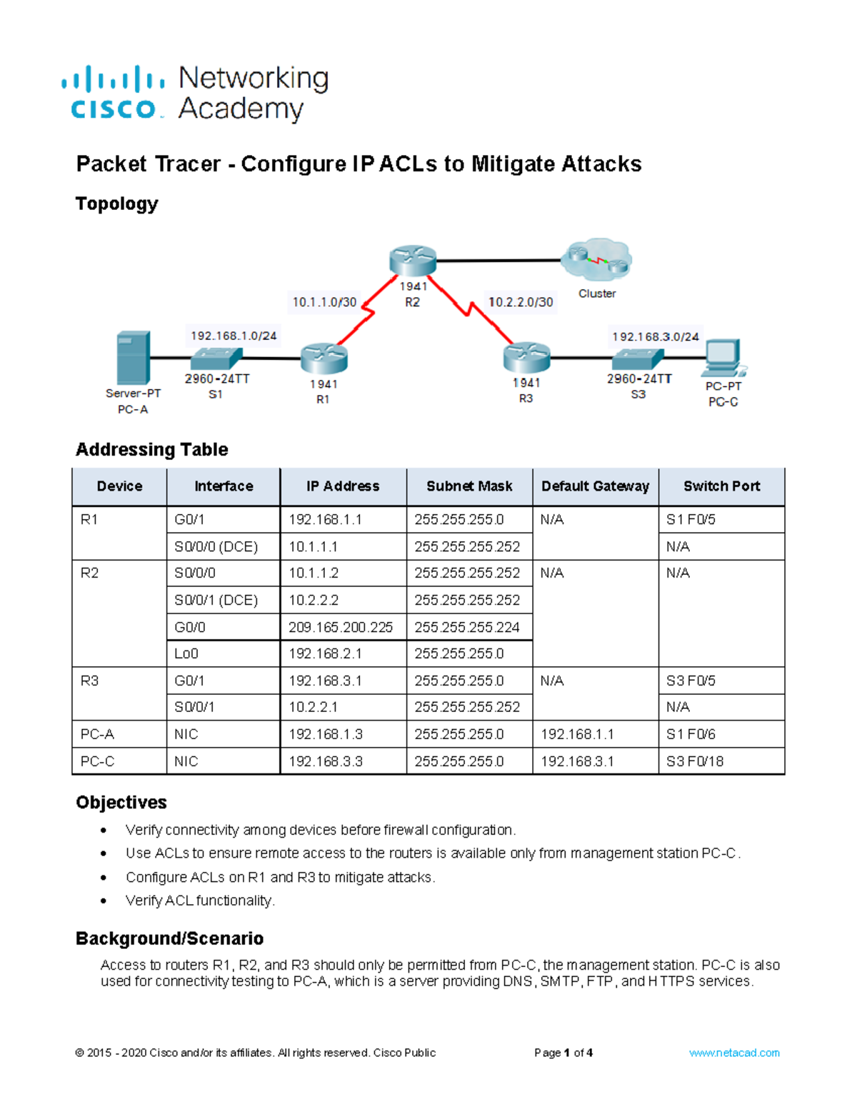 Cyber Security 7 Packet Tracer - Configure IP ACLs to Mitigate Attacks ...