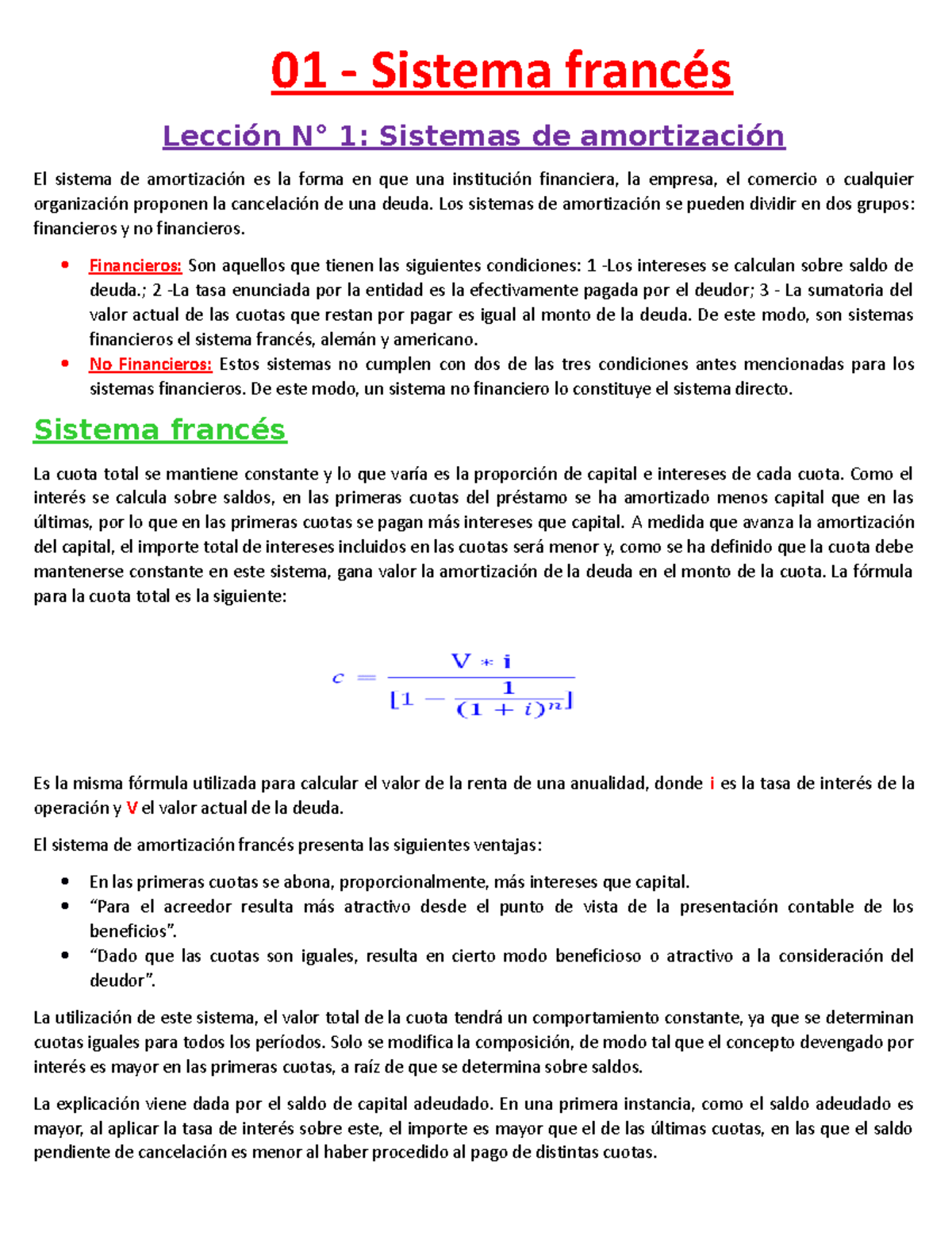 Modulo 3 - analisis financiero - 01 - Sistema francés Lección N° 1: Sistemas de amortización El ...