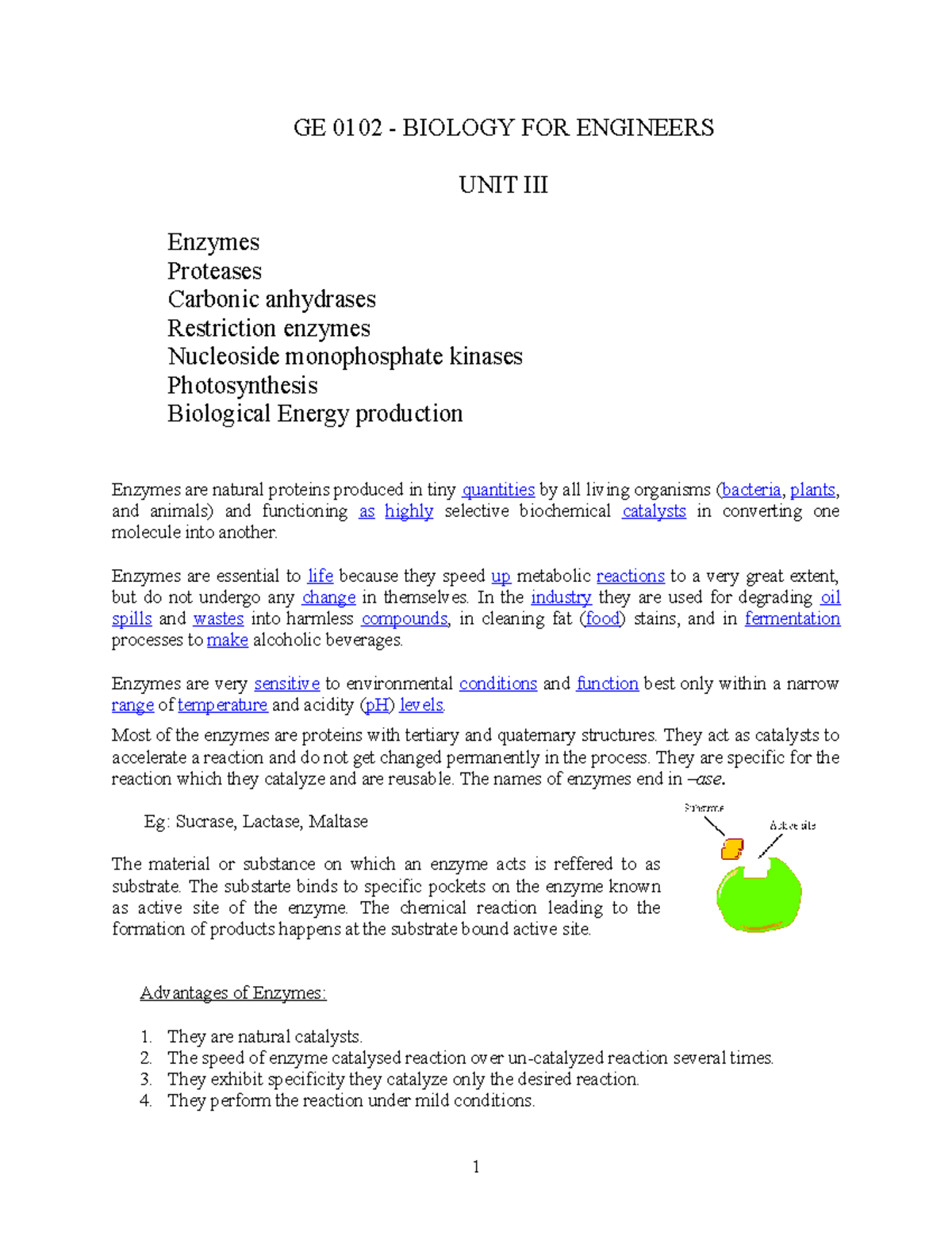 GE0102 BIology for Engineers-UNIT 3 - GE 0102 - BIOLOGY FOR ENGINEERS UNIT III Enzymes Proteases ...